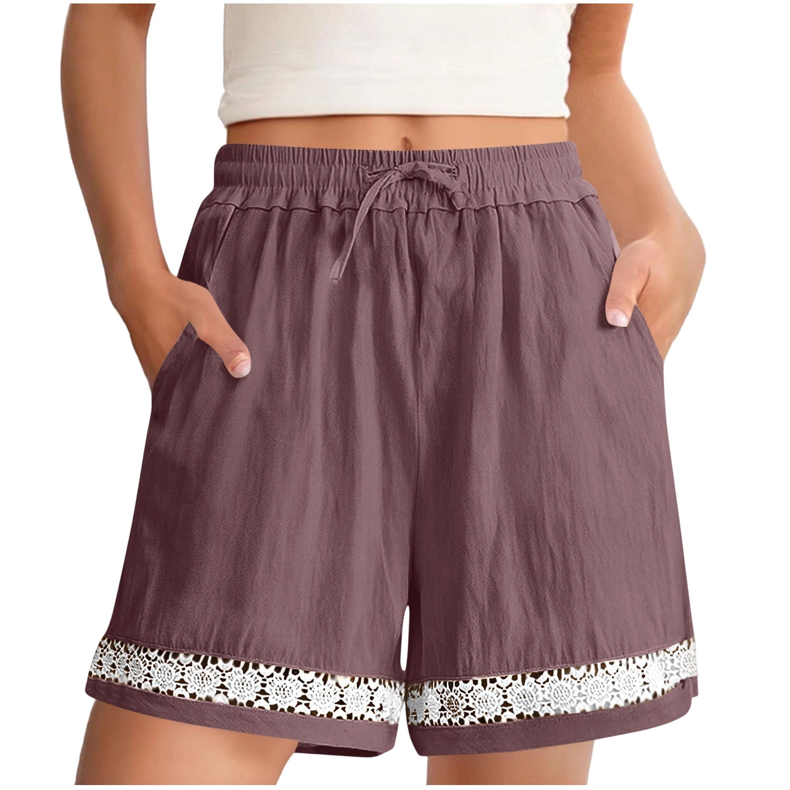Admvng Shorts for Women Linen Summer Casual Shorts with Pockets Lace ...
