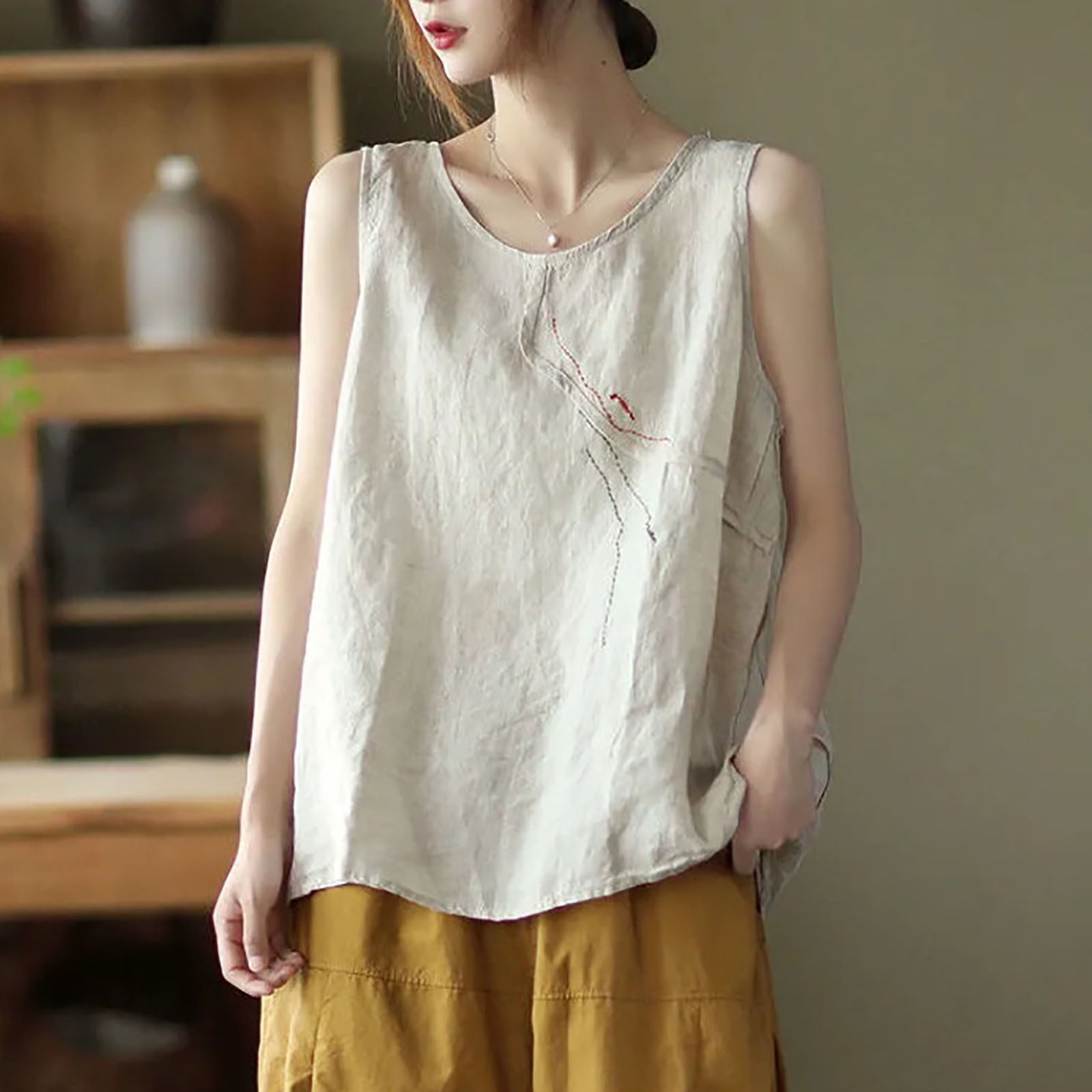 Admvng Sleeveless Tops for Women Ladies' Fashionable Solid Color Cotton ...