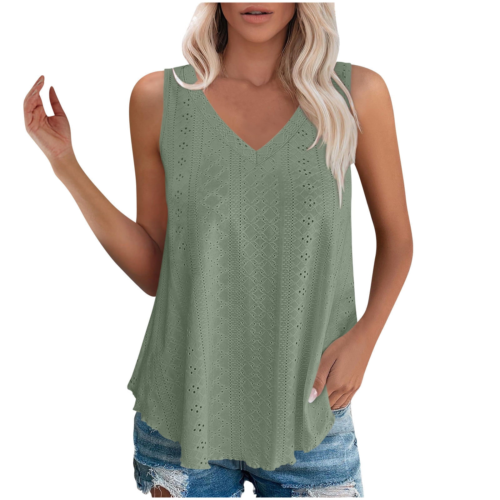 Admvng Summer Tops for Women Casual Solid Color Sleeveless V-neck Hem ...