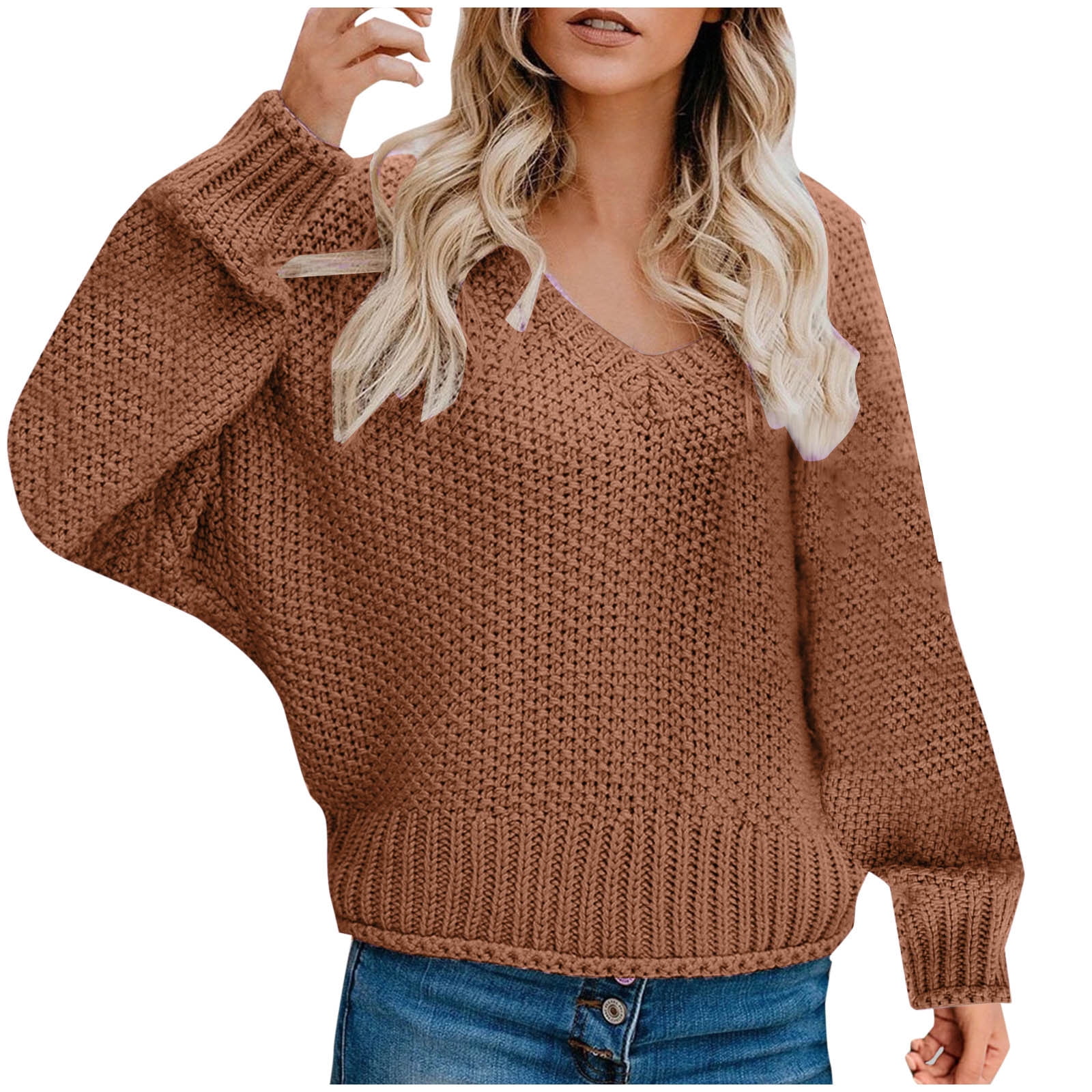 Admvng Sweaters for Women Casual Loose Solid Color Knit Sweater V-Neck Sweater S-3XL - Walmart.com