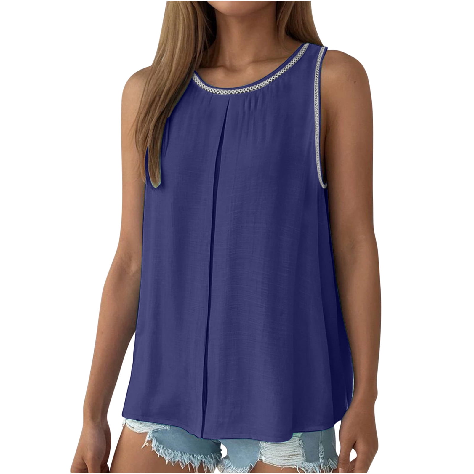 Admvng Tank Tops for Women Eyelet Trim Pleated Sleeveless Flowy Casual ...