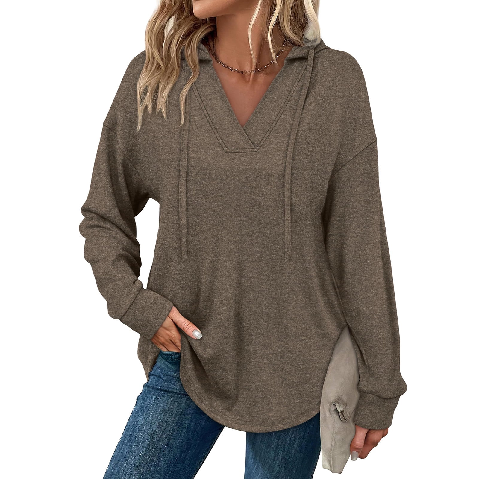 Admvng Tops for Women Solid Casual Hooded Button Long Sleeve Drawstring ...