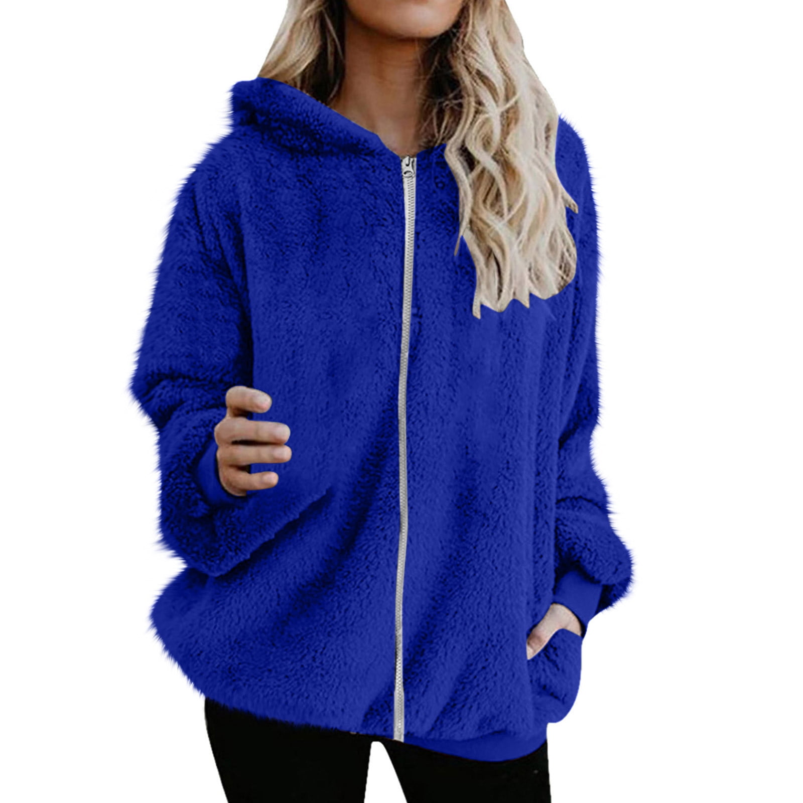 Admvng Coats for Women Plus Size Sherpa Fall Zipper Hooded Jacket Loose ...