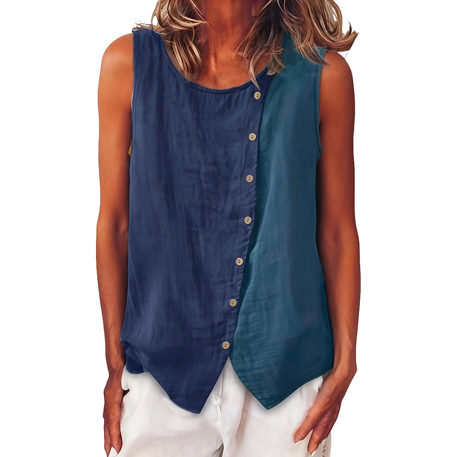 Admvng Women's Color Block Sleeveless Tank Top Round Neck Asymmetric ...