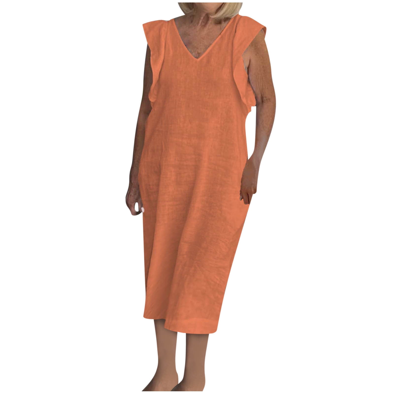 Admvng Women's Linen Dresses Plus Size Flying Sleeve V-Neck Beach ...