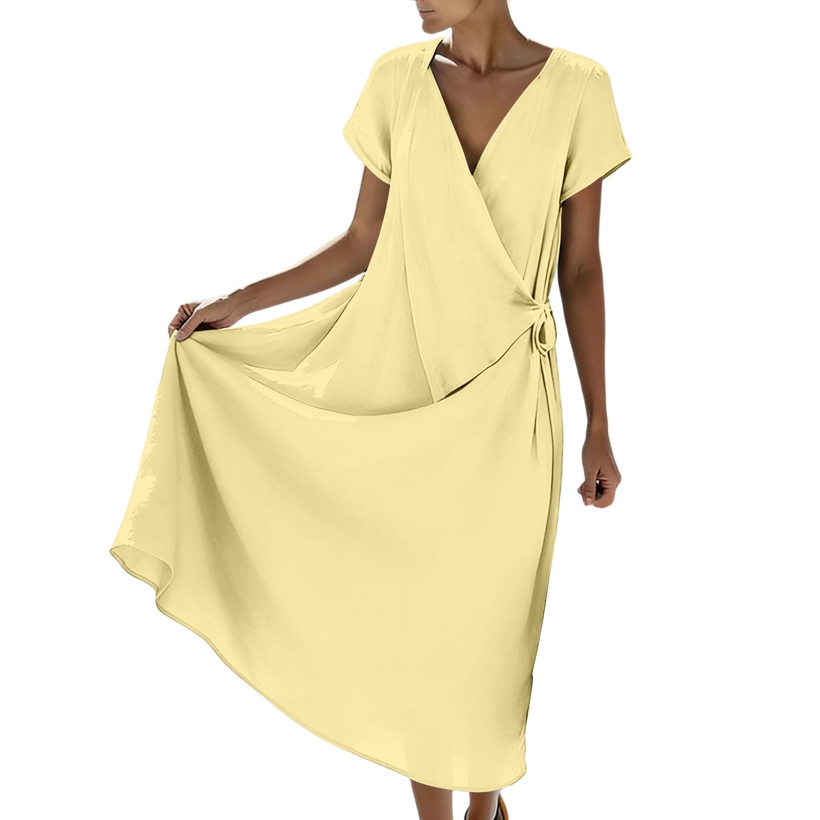 Admvng Women's Linen Midi Dresses Short Sleeve V Neck Pockets Casual ...