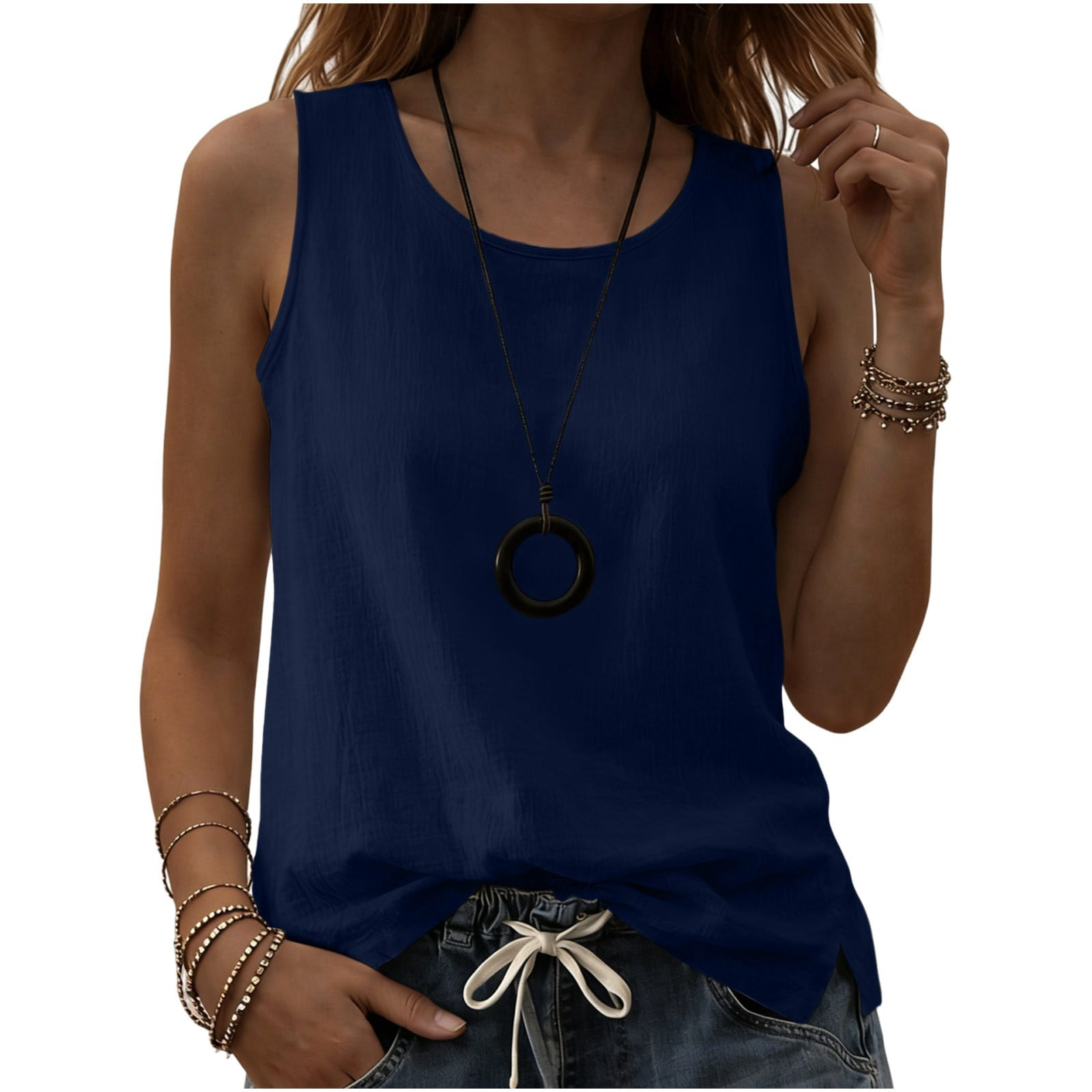 Admvng Women's Linen Shirts Crew Neck Sleeveless Comfy Basic Tank Tops ...