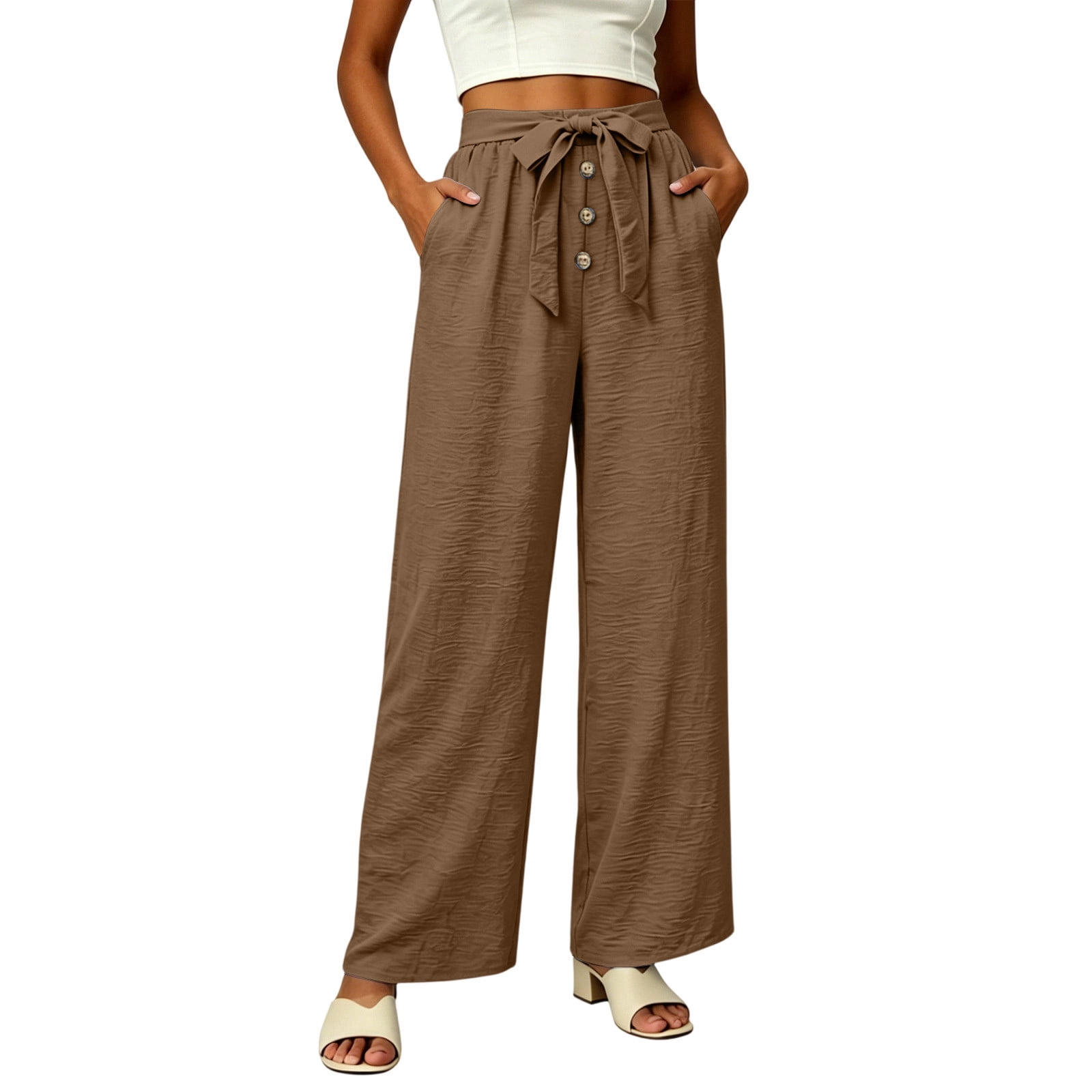 Admvng Women's Pants Cotton Linen High Waist Bow Tie Wide Leg Casual ...