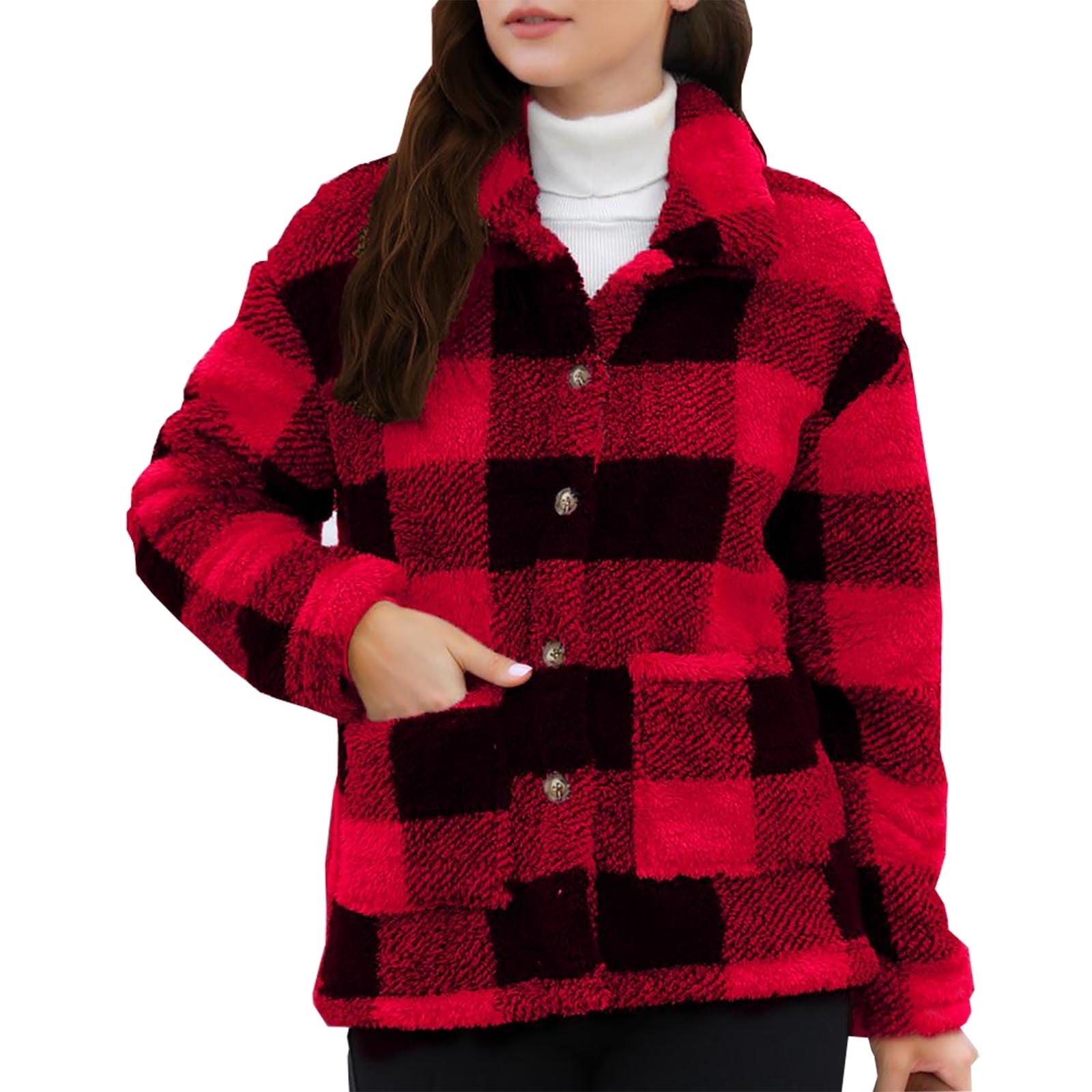 Admvng Women's Plaid Sherpa Fleece Shacket Jacket Button Down Long ...