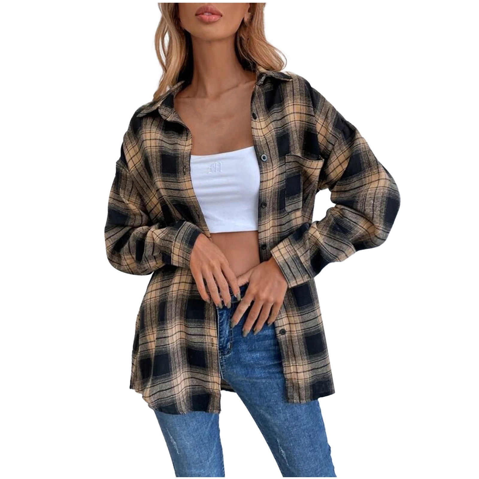 Admvng Women's Plaid Shirts Long Sleeve Comfy Button Down Casual Blouse ...
