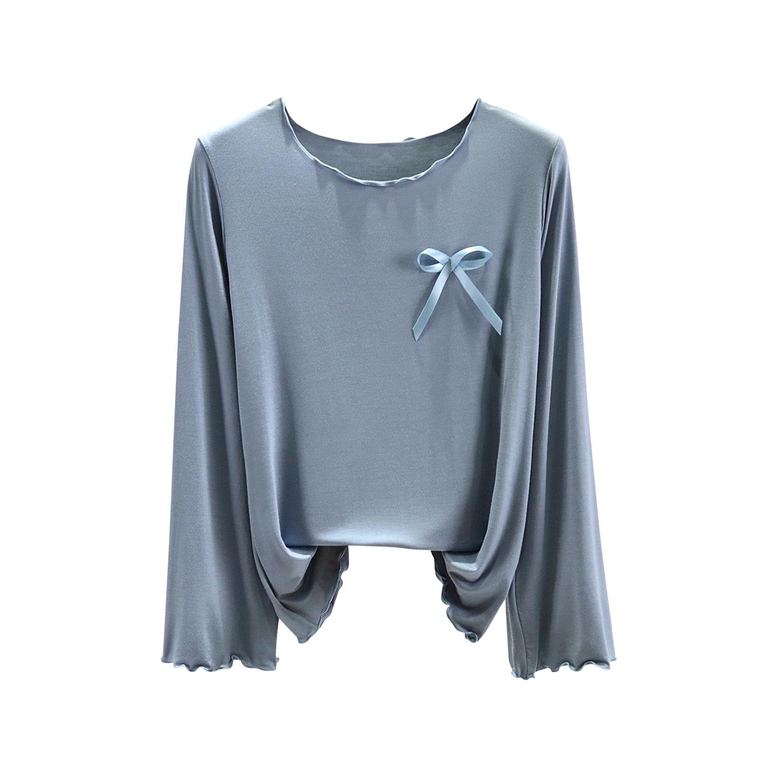 Admvng Women's Ruffle Trim Bow Blouse Long Sleeve Crew Neck Casual Cute ...
