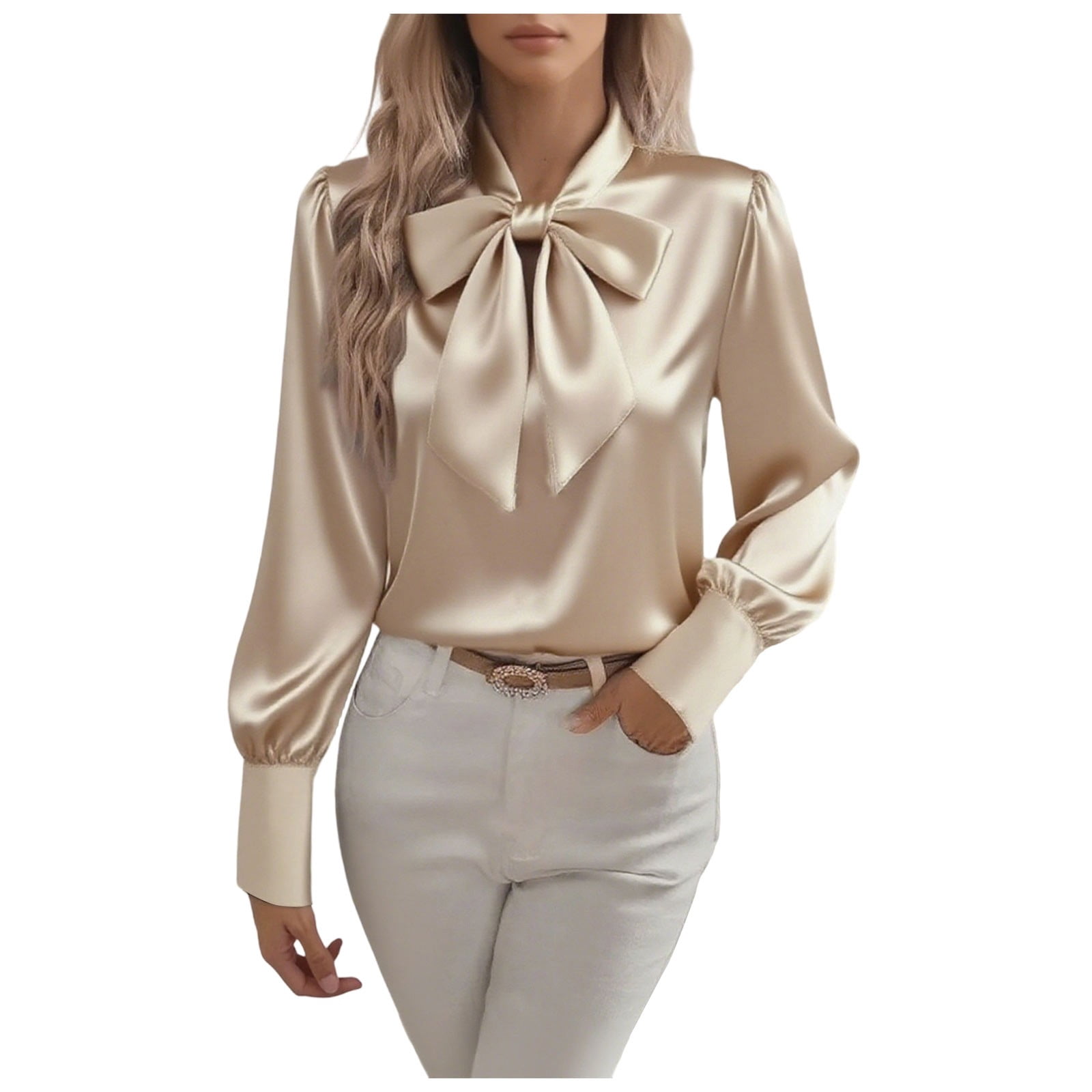 Admvng Women's Satin Blouse Bow Tie Long Sleeve Elegant Work Office ...