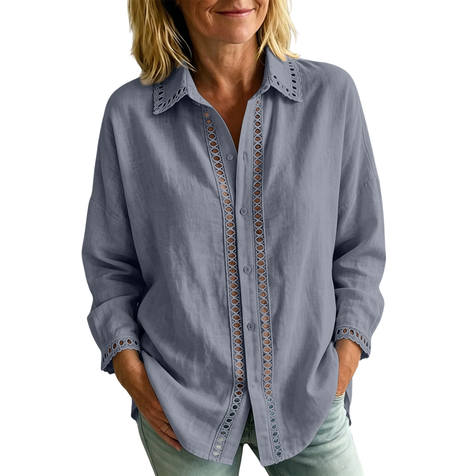Admvng Women's Shirts Linen Eyelet Lace Long Sleeve Button Down Casual ...