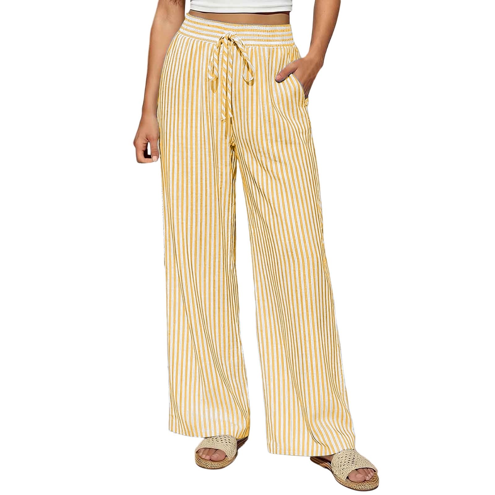 Admvng Women's Striped Linen Pants with Pockets Drawstring Waist Wide ...