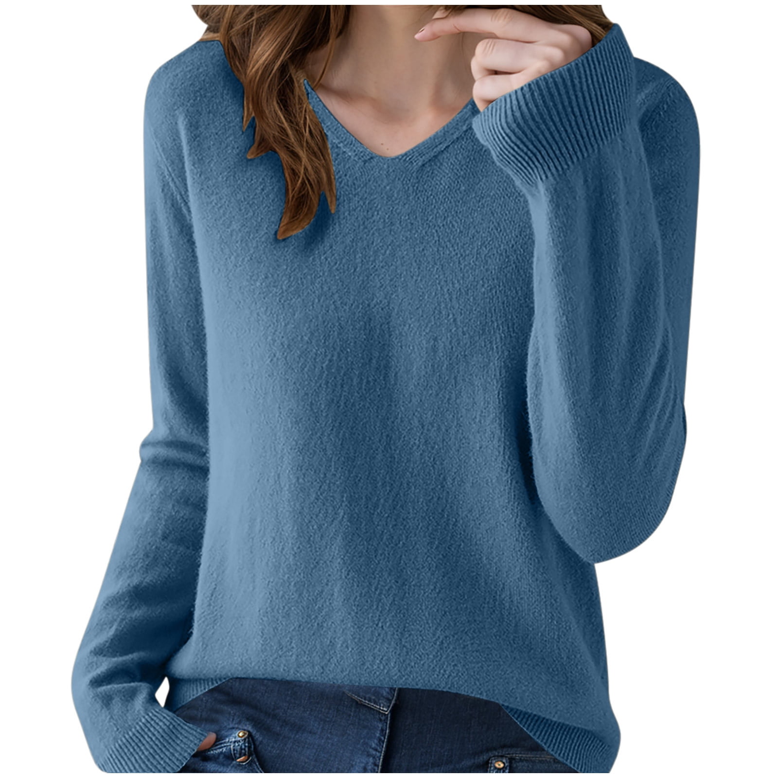 Admvng Women's Sweaters Solid Color Long Sleeved V-neck Knitted Sweater ...
