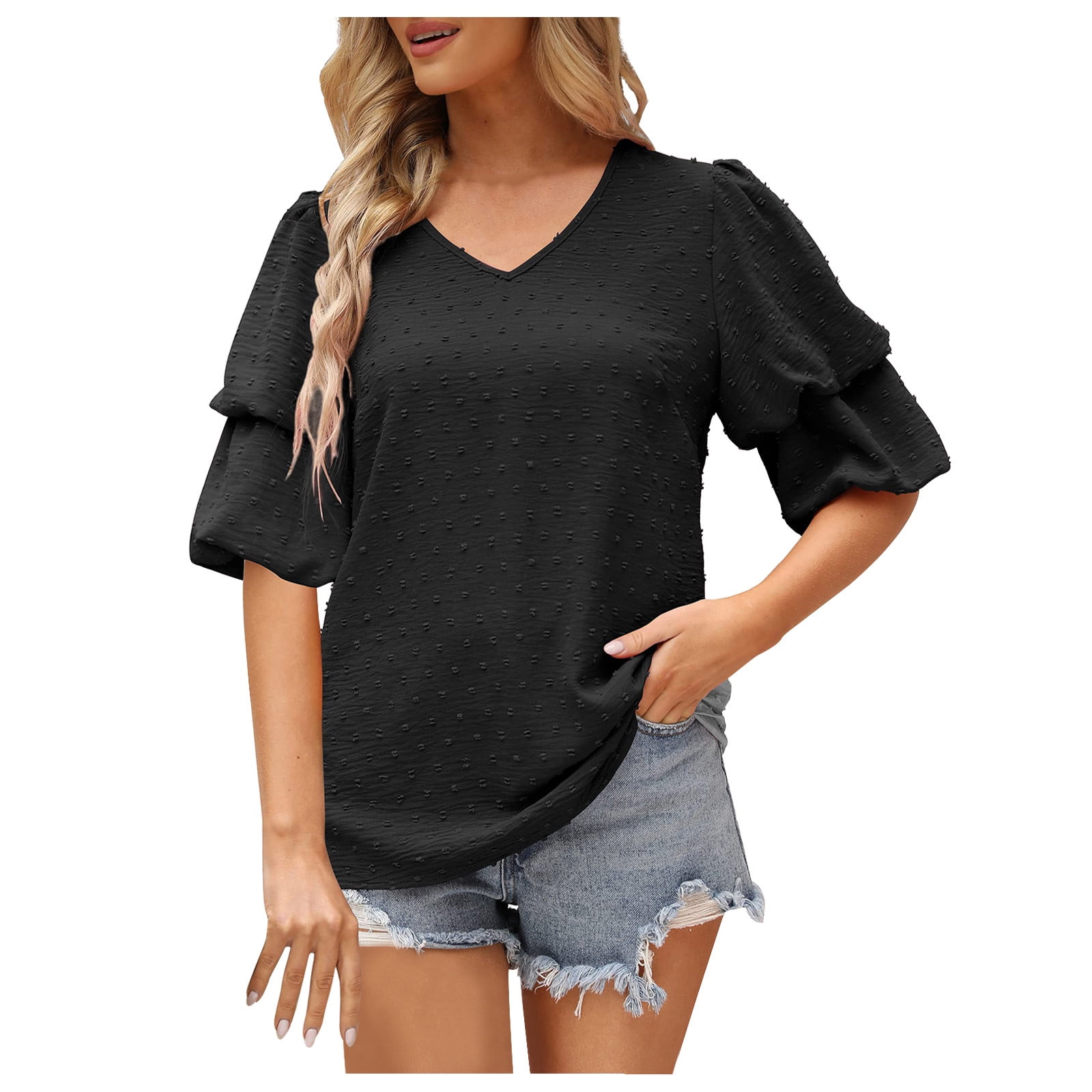 Admvng Womens Blouses Summer Solid Color Double Puff Sleeve Blouses ...