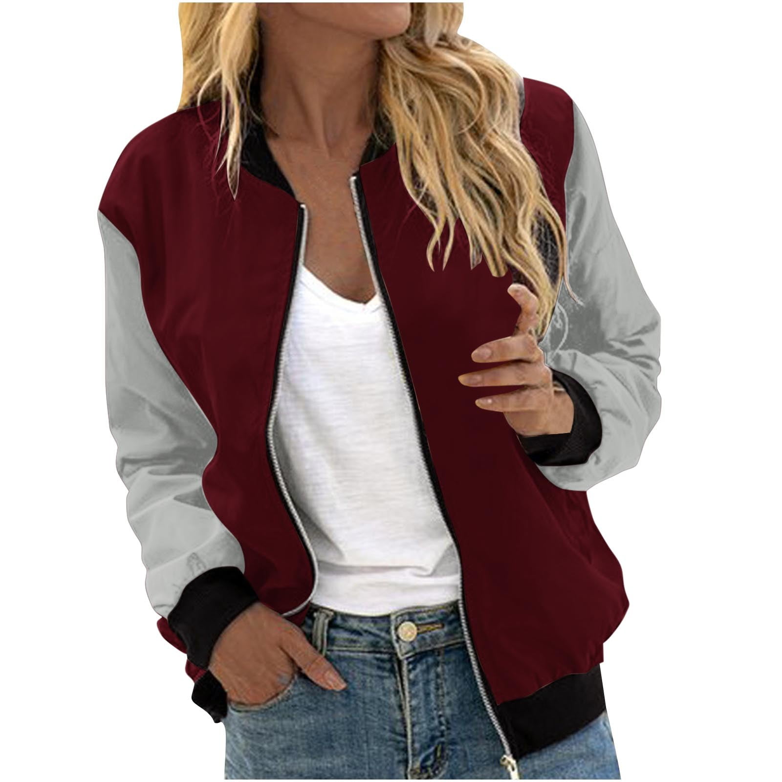 Admvng Womens Bomber Jacket Long Sleeve Side Pocket Lightweight Casual ...
