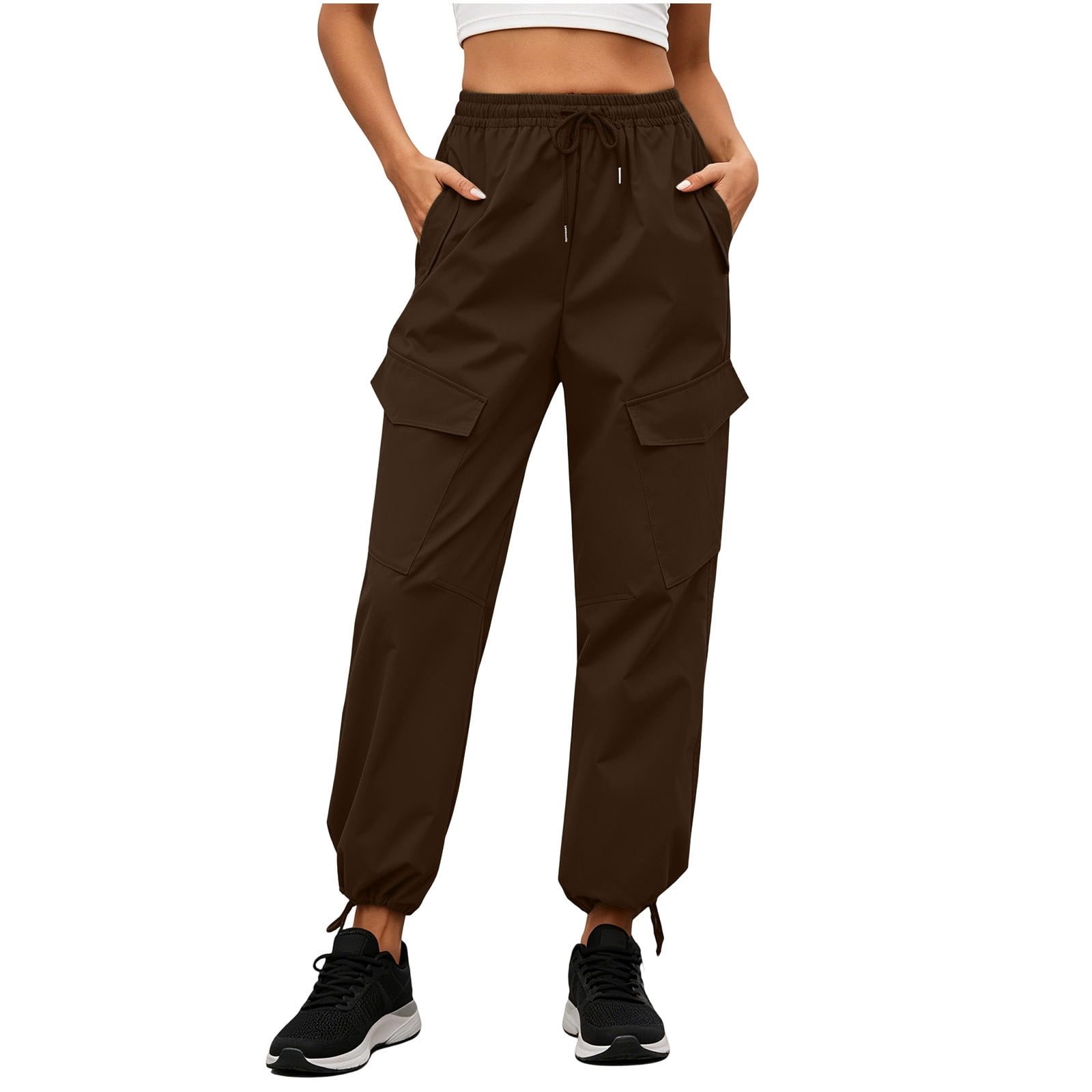 Admvng Womens Cargo Pants Solid Elastic Drawstring Waist Casual Comfy ...