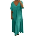 Admvng Womens Dress Cotton Linen Short Sleeve V-neck Casual Flowy ...