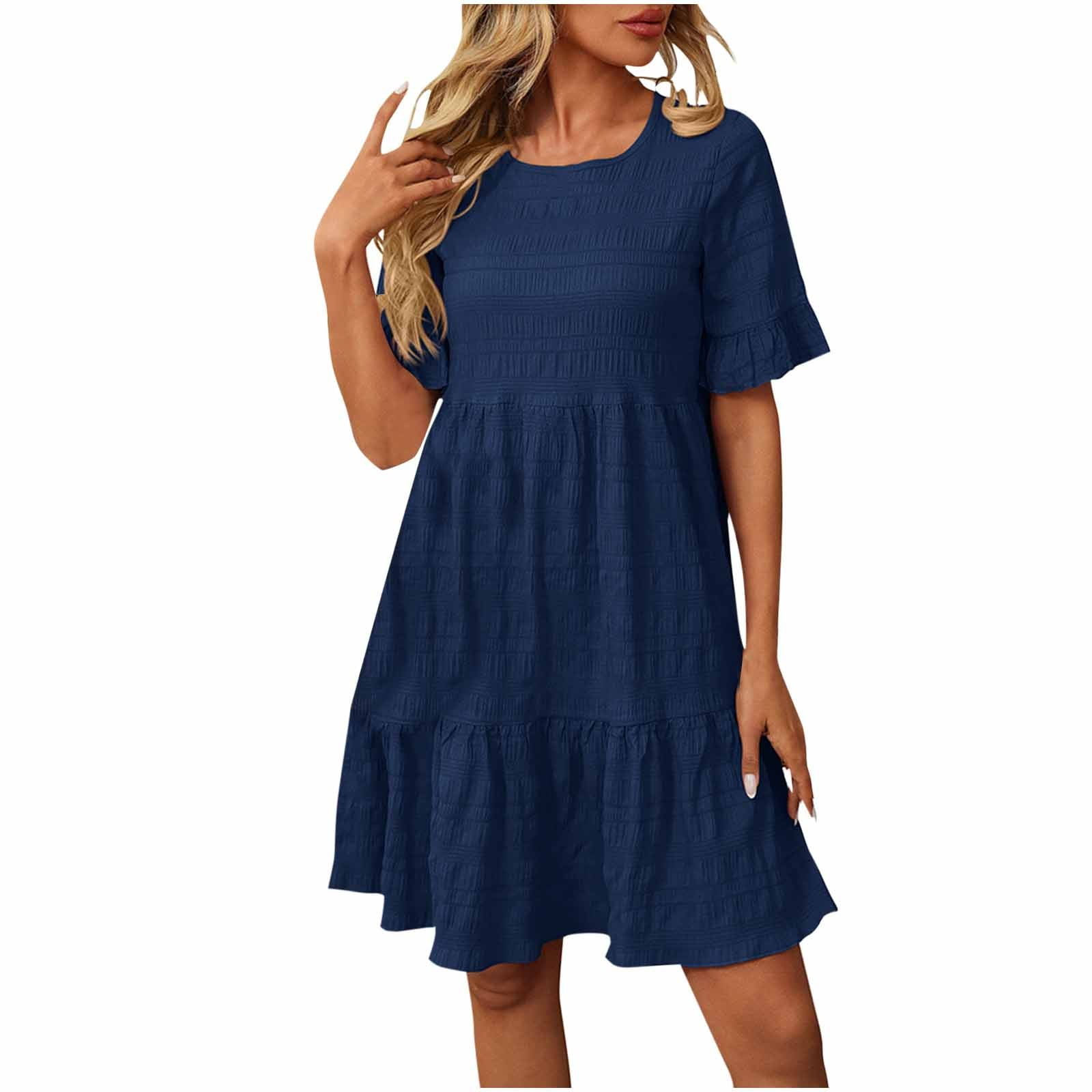 Admvng Womens Dress Ruffle Sleeve Tiered Round Neck Casual Flowy Summer ...