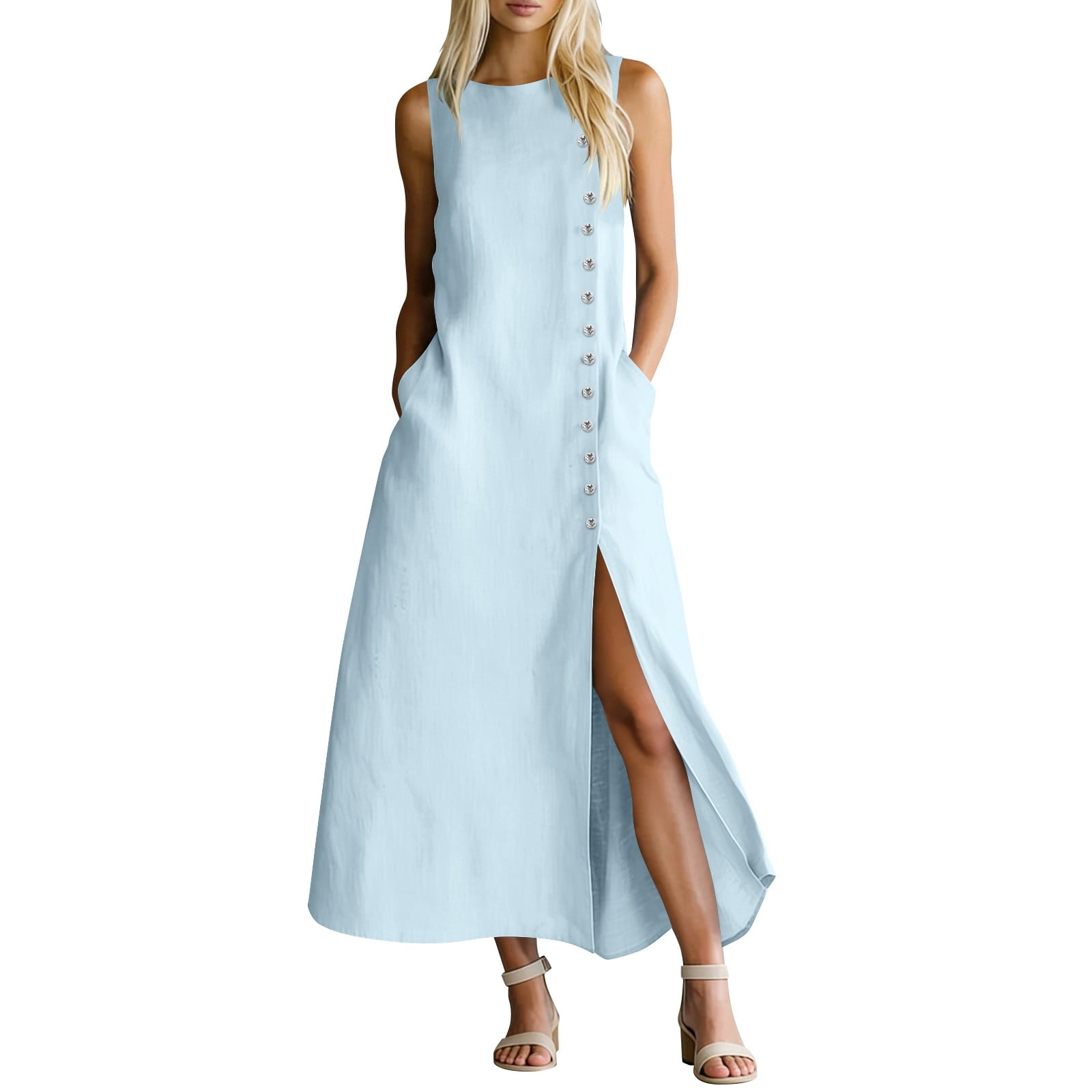 Admvng Womens Dress Solid Round Neck Sleeveless Buttons Slit Pockets ...