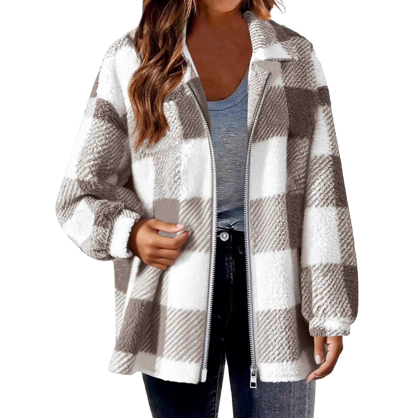 Admvng Womens Jacket Zipper Plaid Cardigan Tops Coats Plush Fleece ...