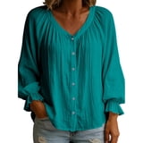 Admvng Womens Linen Blouse Crinkle V-Neck Long Sleeve Ruffle Cuff ...