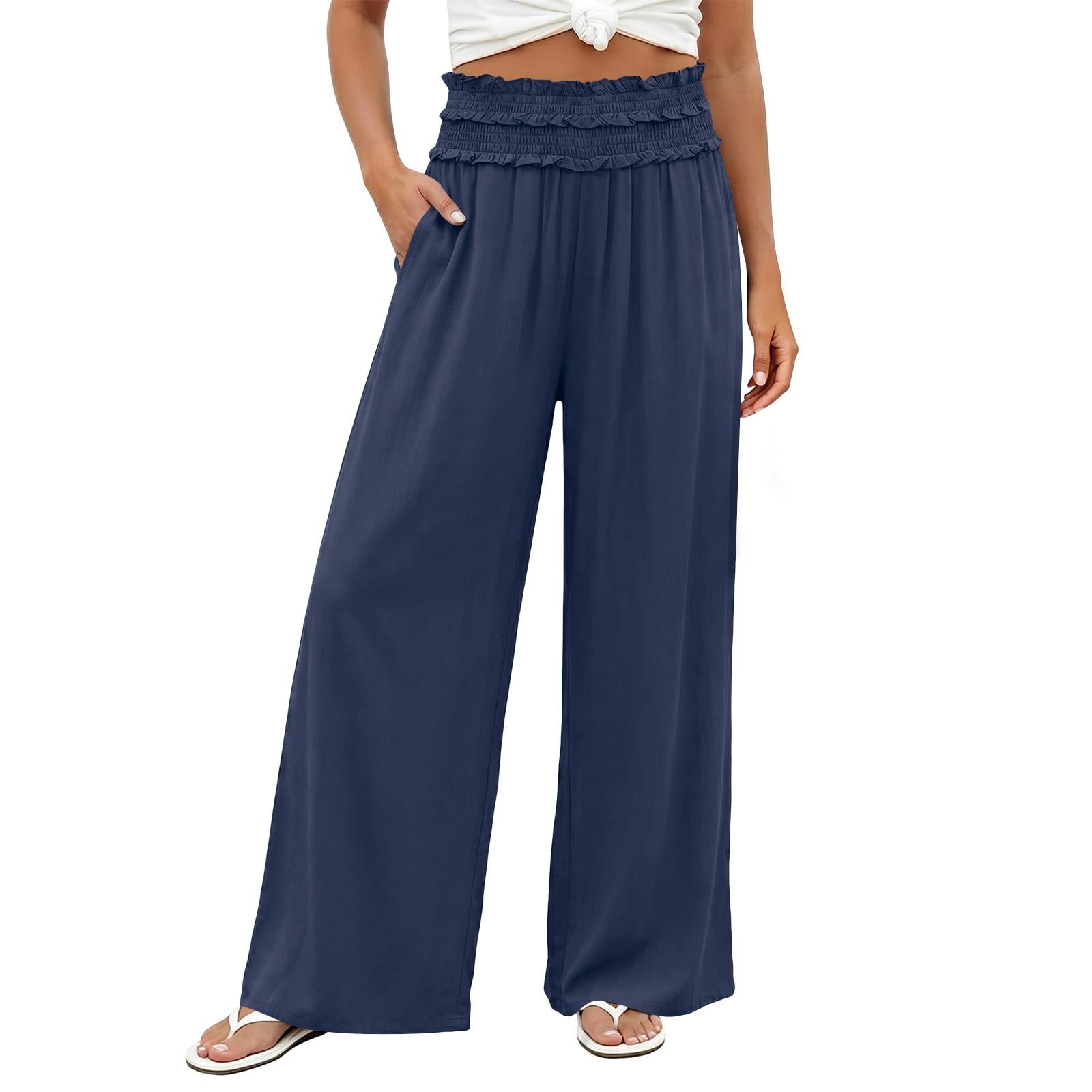 Admvng Womens Linen Pants Wide Leg Elastic Waist Casual Summer Trousers ...