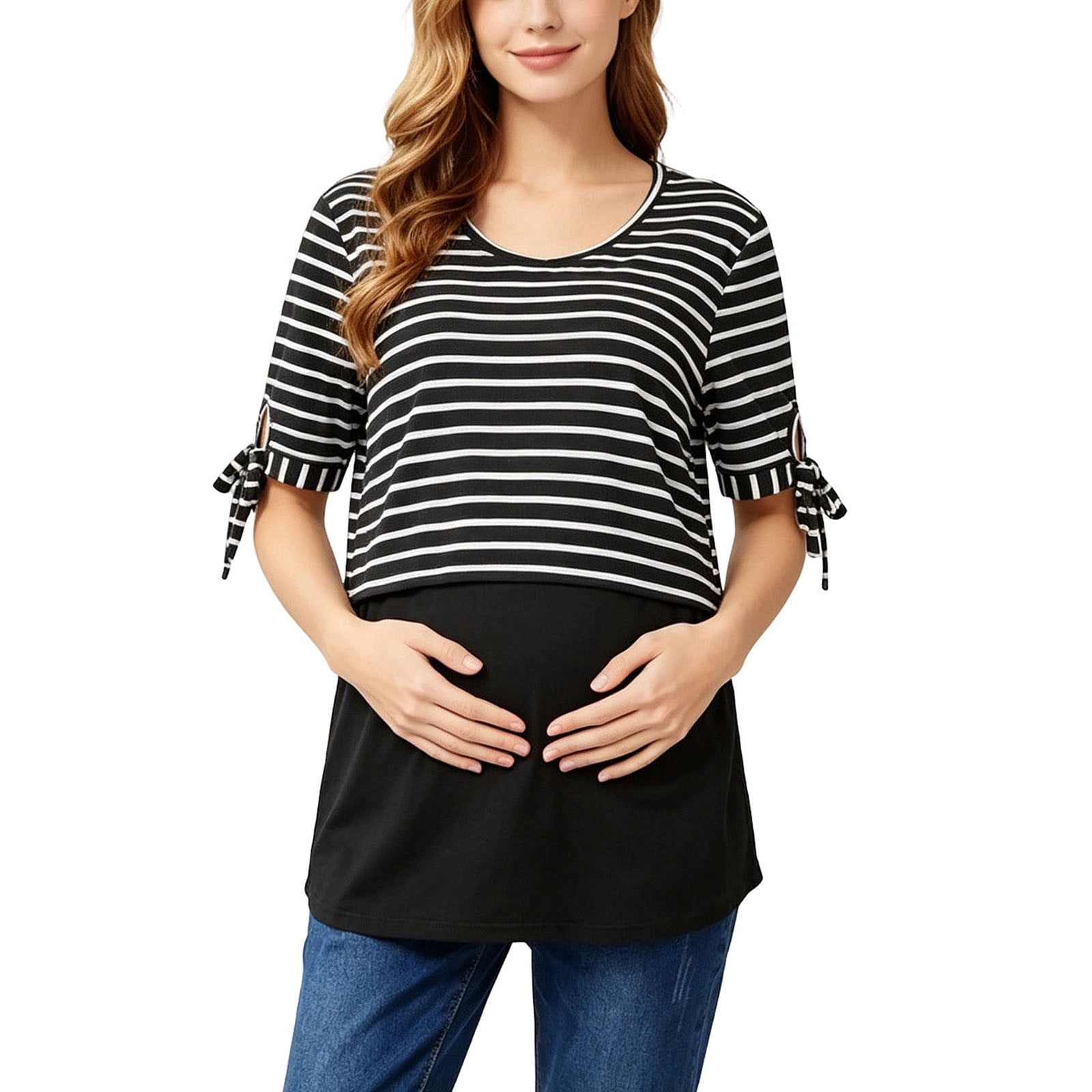 Admvng Womens Nursing T-Shirt Striped Layered Tie Cuffs Breathable ...