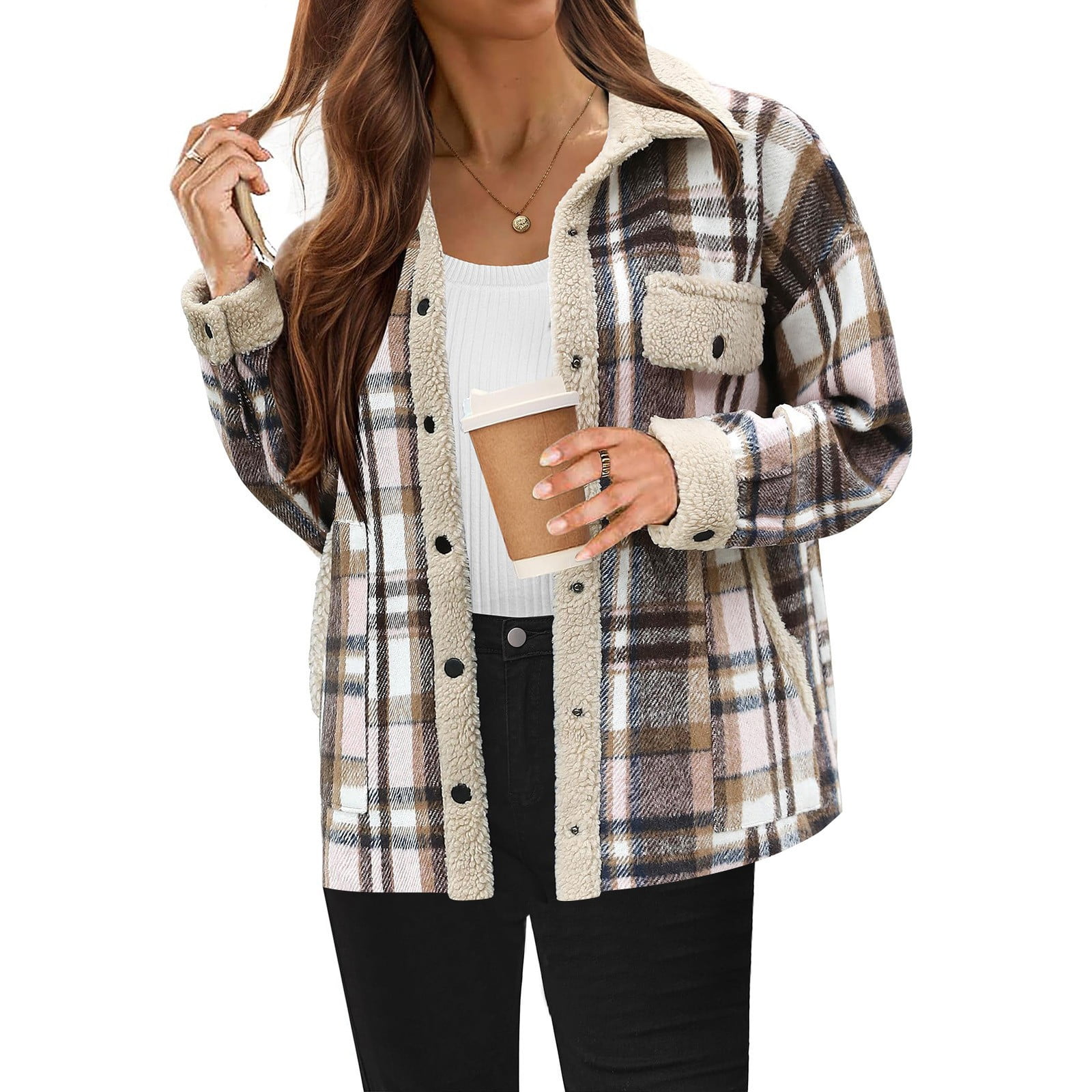 Admvng Womens Plaid Shacket Jacket Button Down Flannel Plush Fleece ...