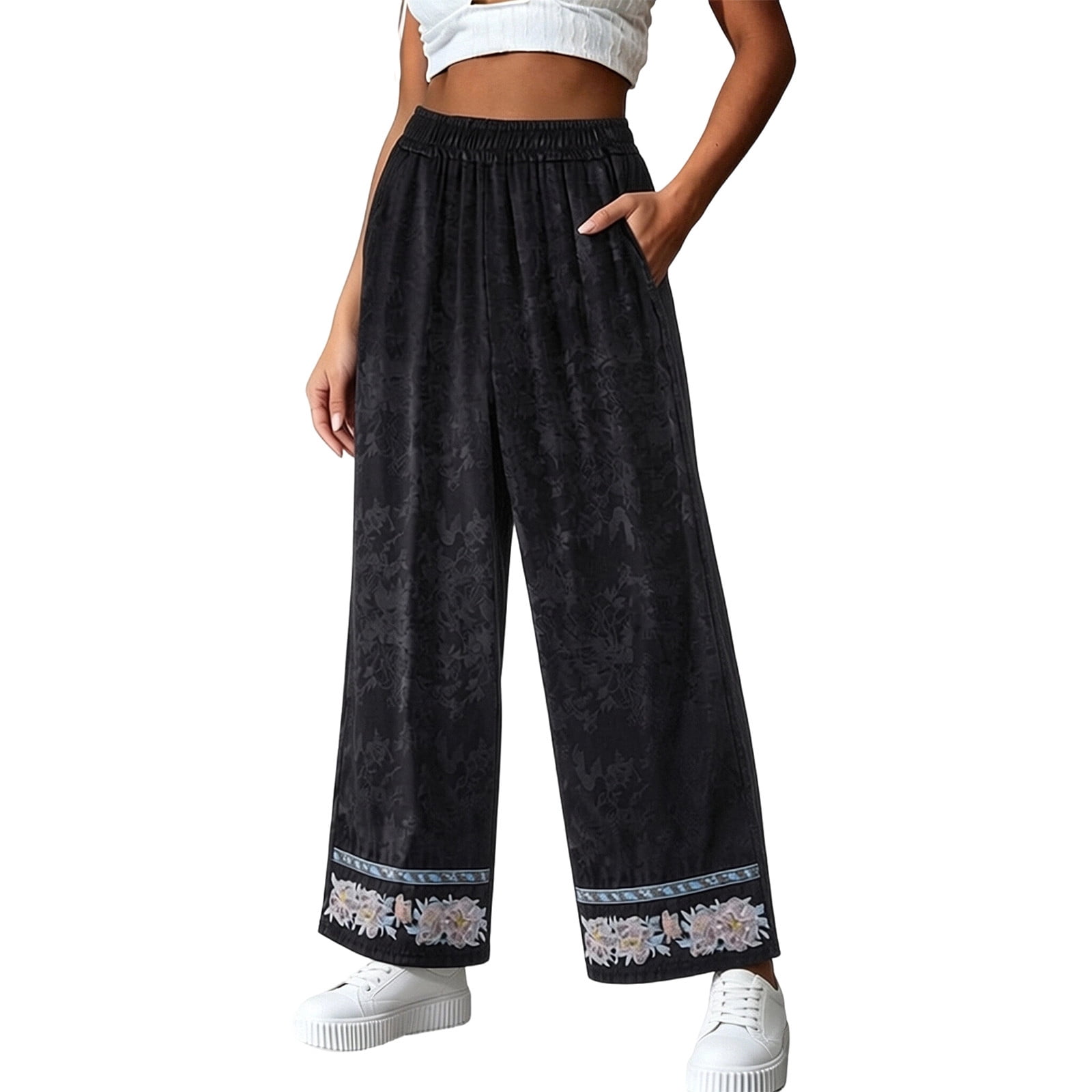 Admvng Womens Plus Size Pants Satin Embroidered Wide Leg Elastic Waist ...