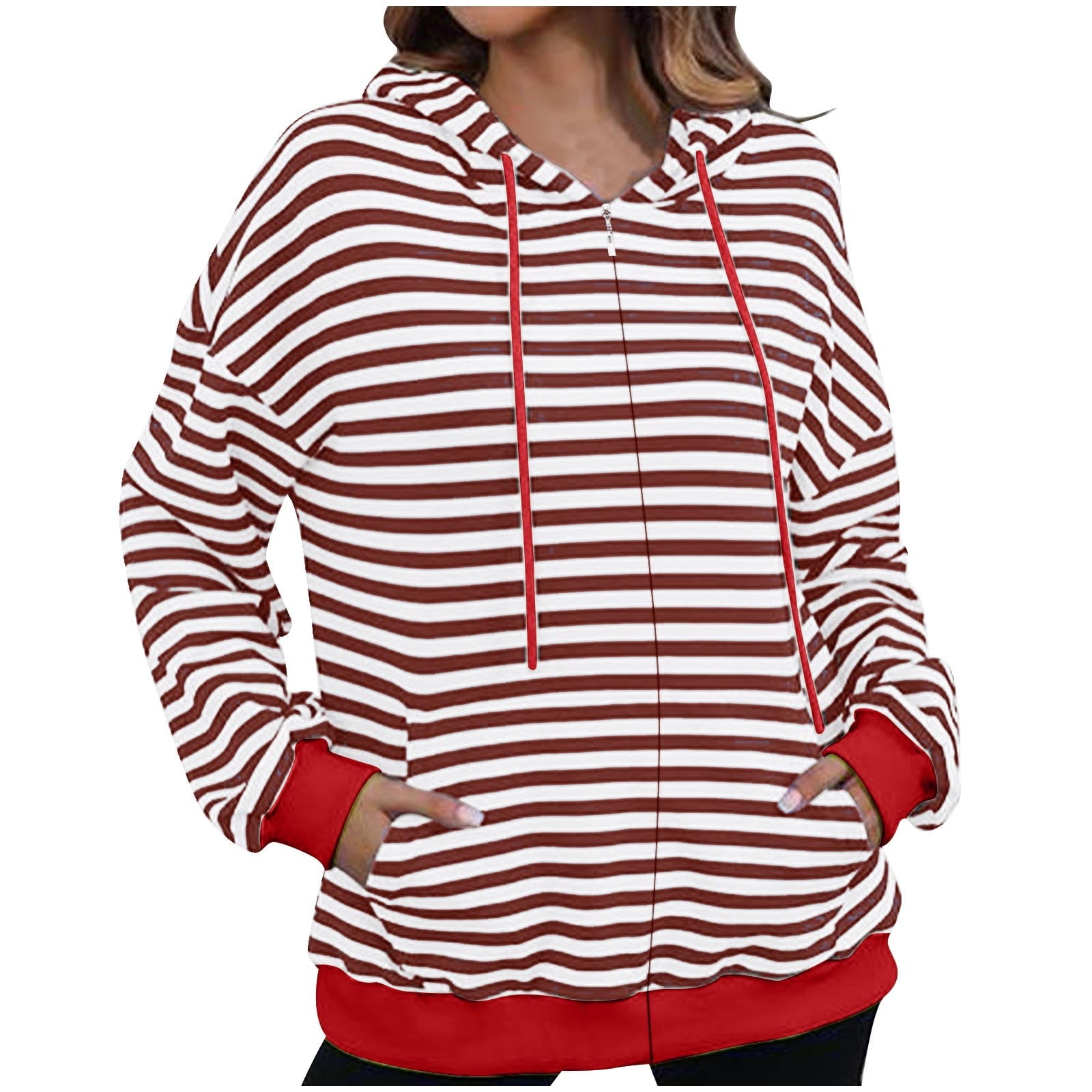 Admvng Womens Striped Hoodie Jacket Color Block Zip Up Long Sleeve ...