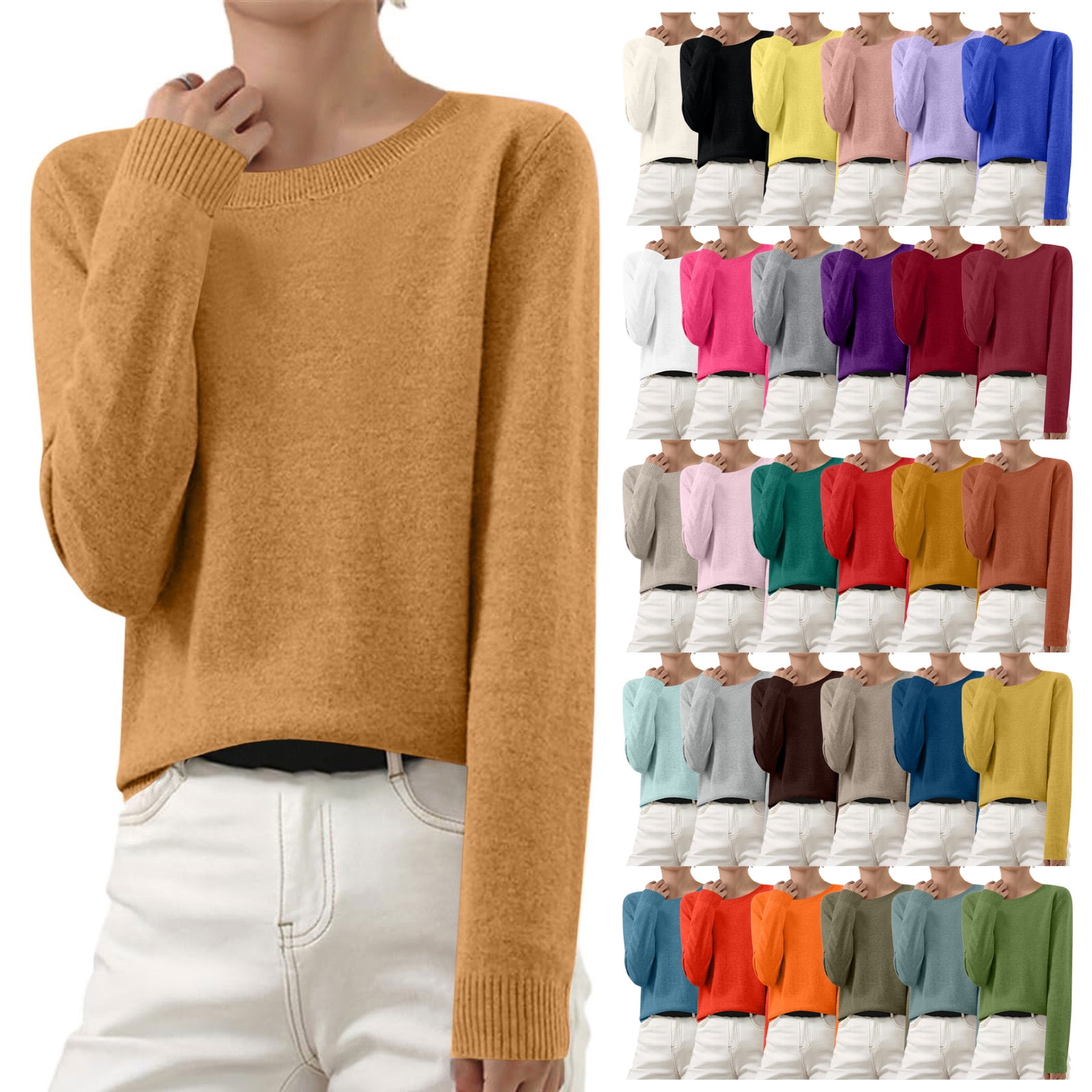 Admvng Womens Sweaters Long Sleeve Crew Neck Lightweight Casual Tops ...