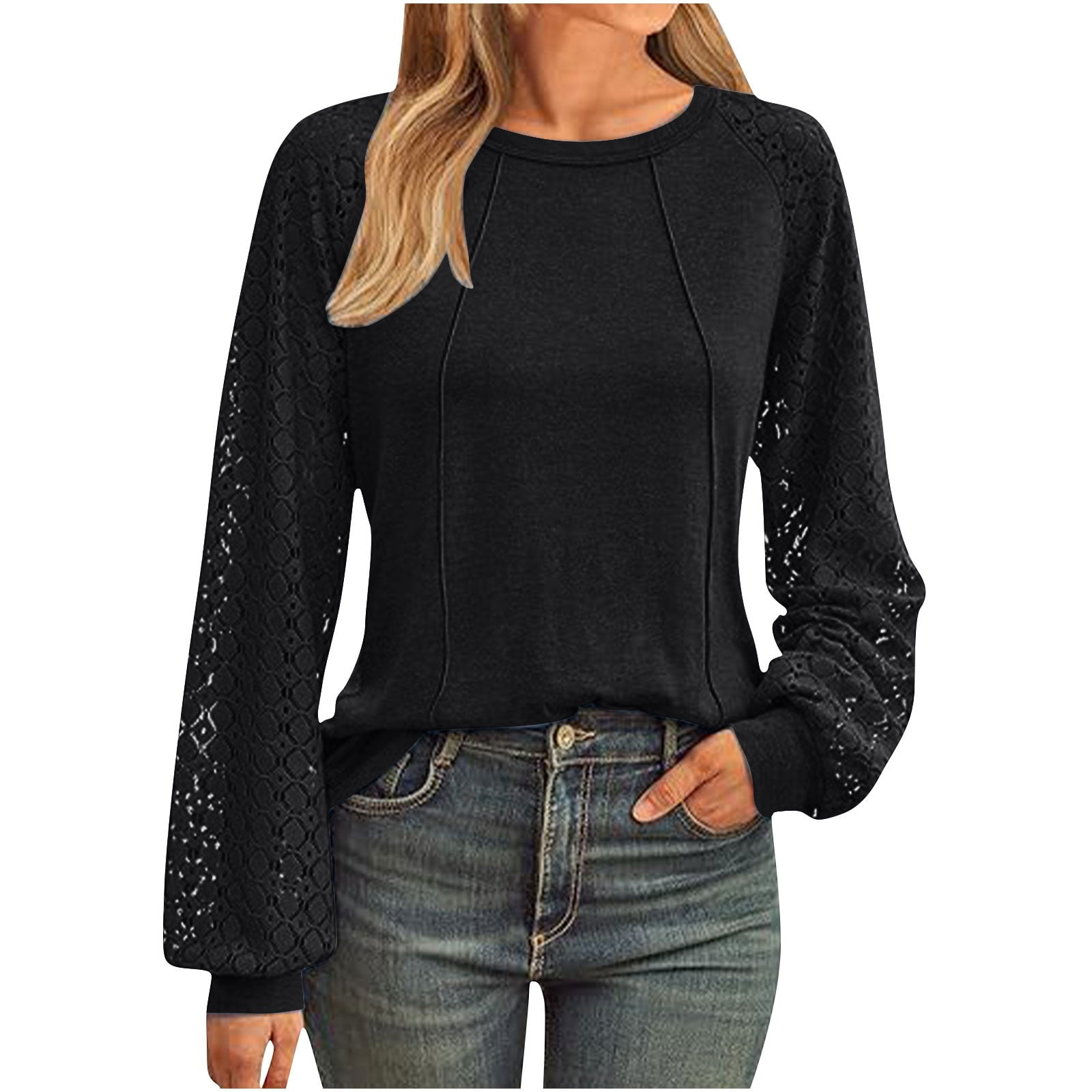 Admvng Womens Tops Lace Long Sleeve Blouse Crew Neck Casual Hollow Out ...