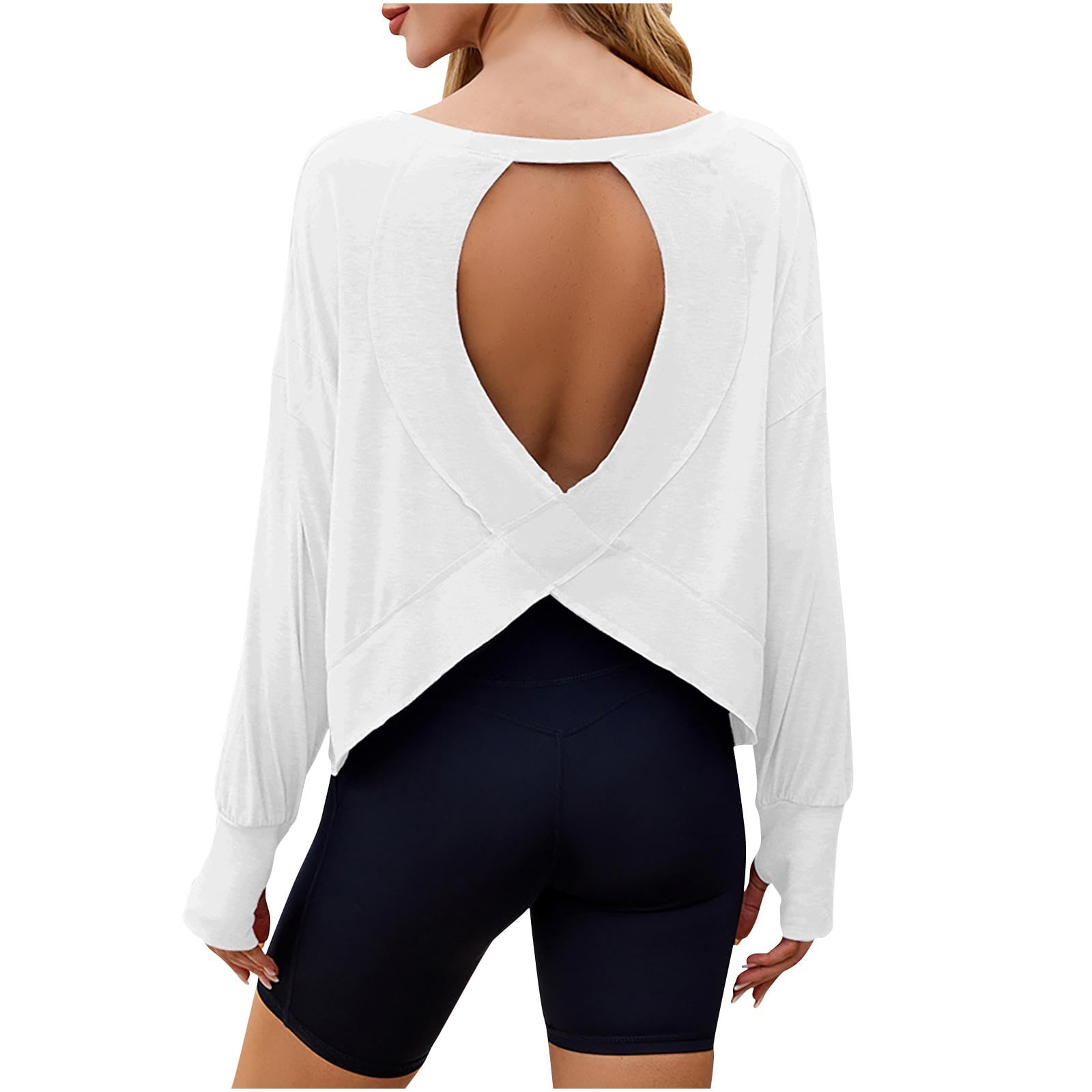 Admvng Womens Tops Open Back Yoga Long Sleeve Cross Wrap Workout Gym ...