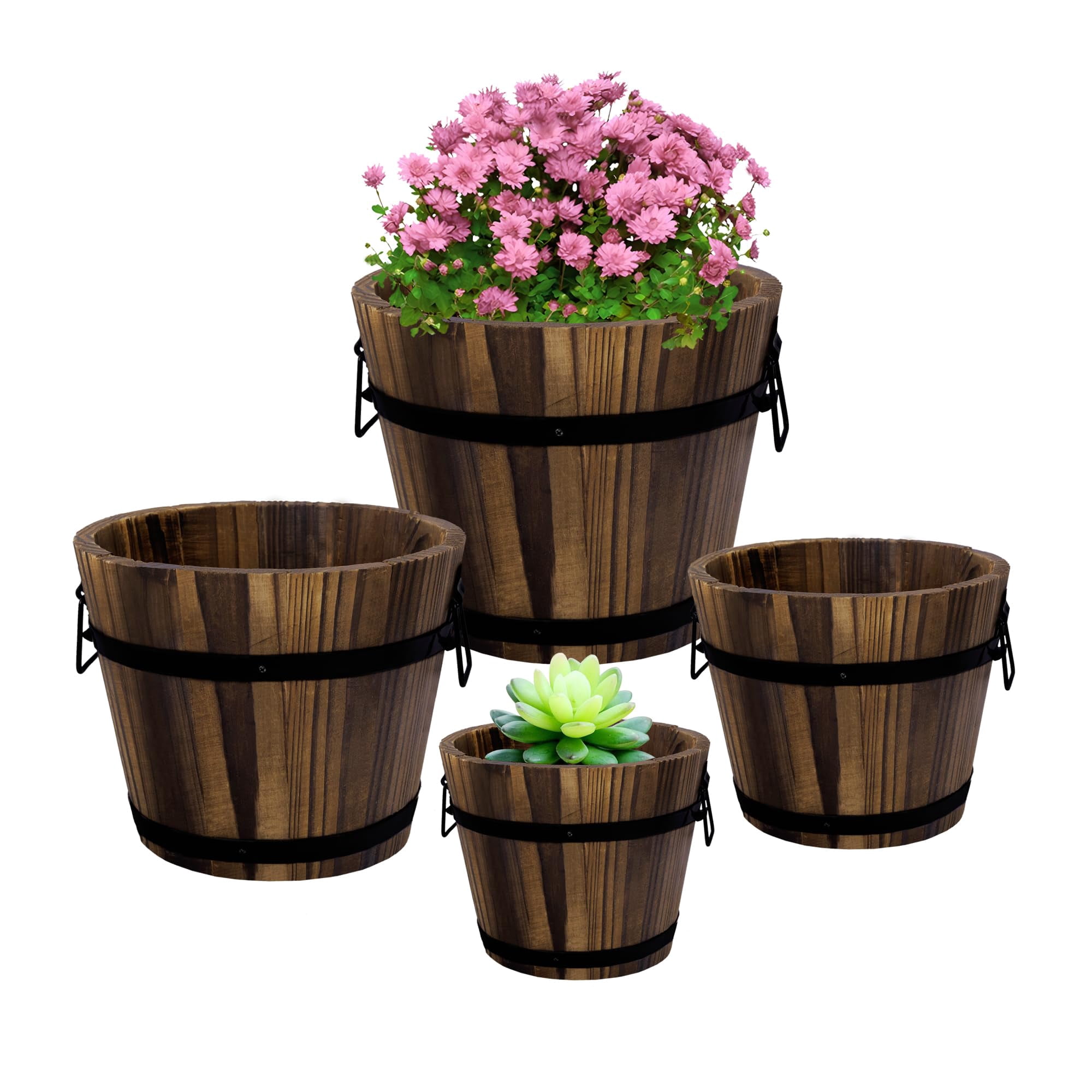 Adnee 4 Pack Wooden Whiskey Barrel Planters - 4 Sizes Wooden Bucket ...