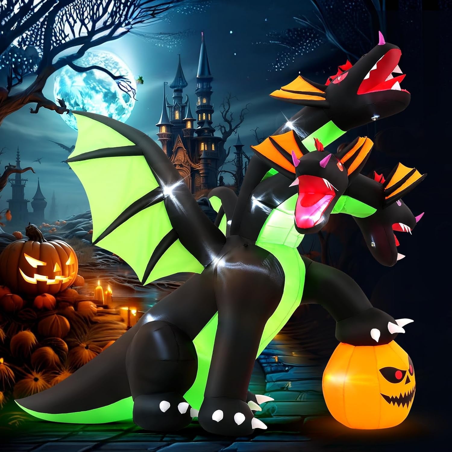 Adnoom 8FT Tall Giant Halloween Inflatables 3-Headed Dragon with Built ...