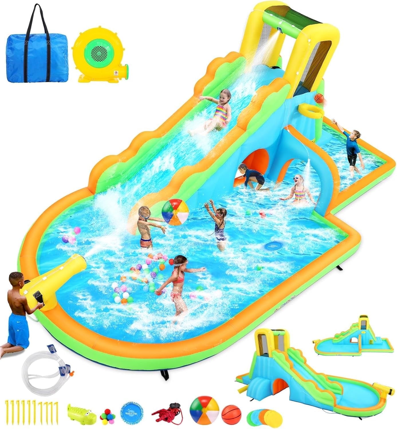 Adnoom Inflatable Water Slide Park with 480W Blower,Indoor Outdoor Mega ...