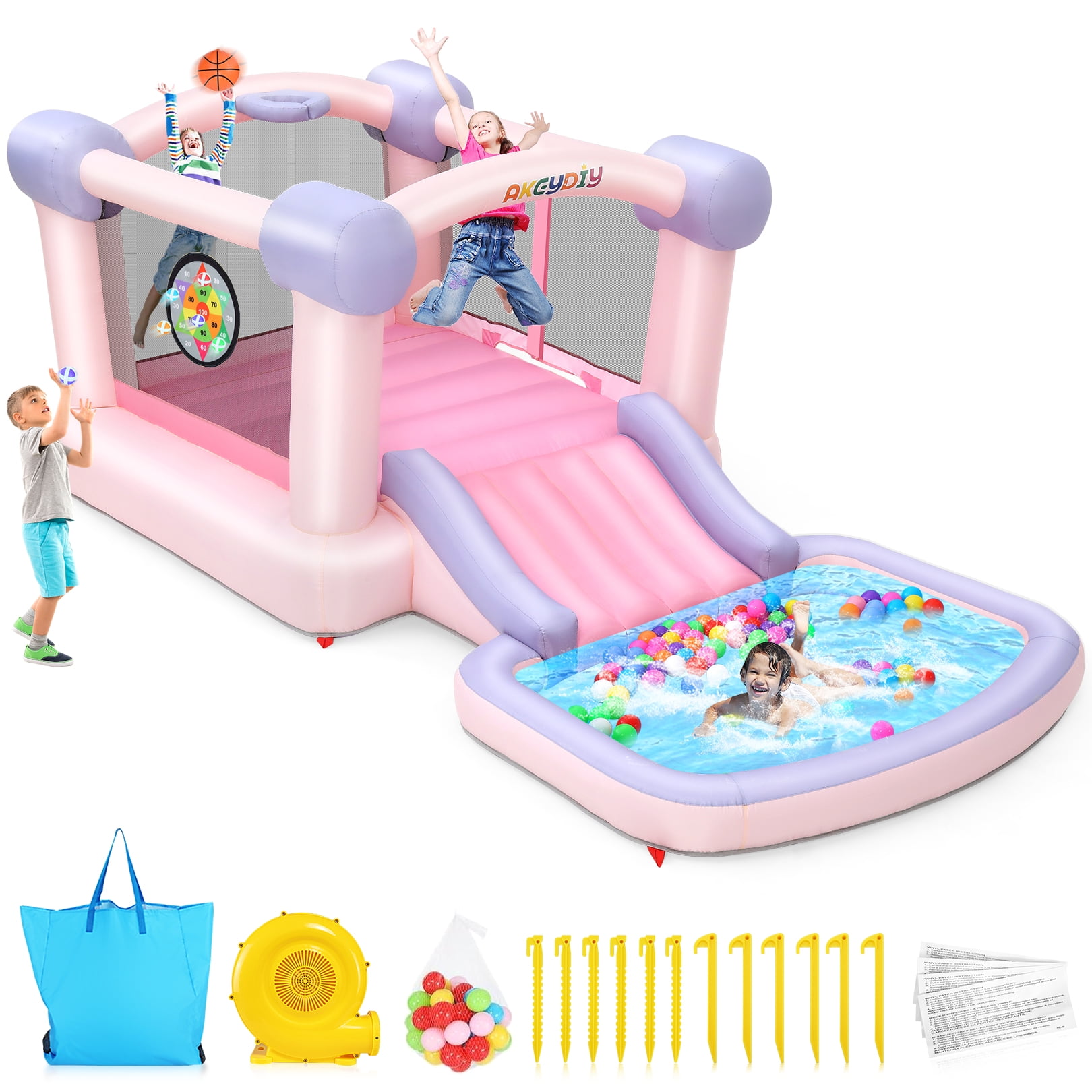 Qhomic Inflatable Bounce House with Ball Pit&Basketball Hoop, Kids ...