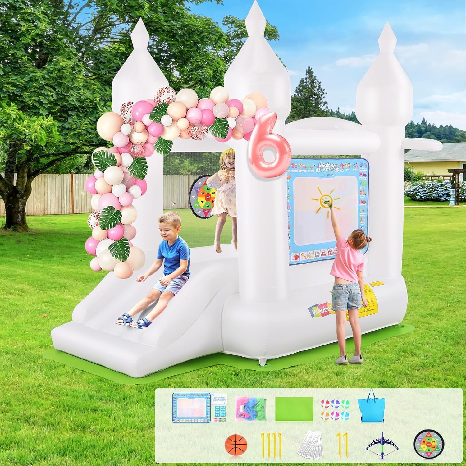 Adnoom Bounce House, White Bouncy Castle with Slide, Inflatable Bouncer ...