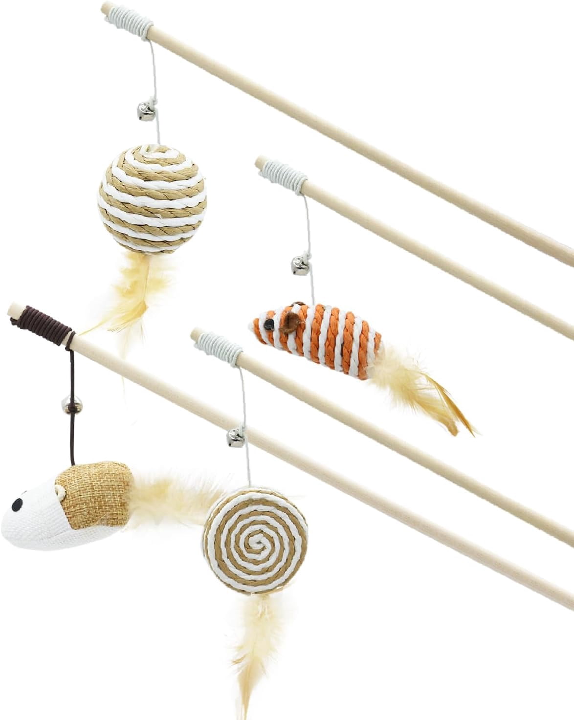 AdoPet 4 Pack Cat Teaser Wand Toys – Wooden Handle Interactive Wands ...
