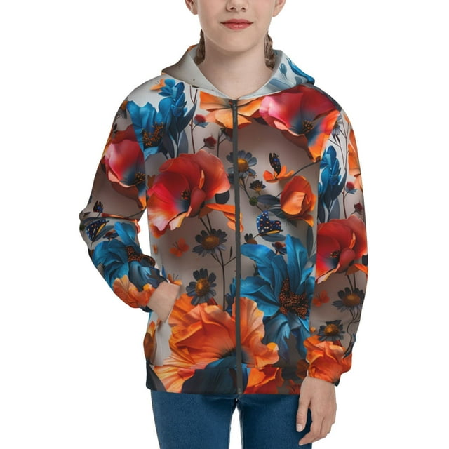 Adobk 3d Butterfly Print Teenage Hoodies Fashion Crew Neck Zipper