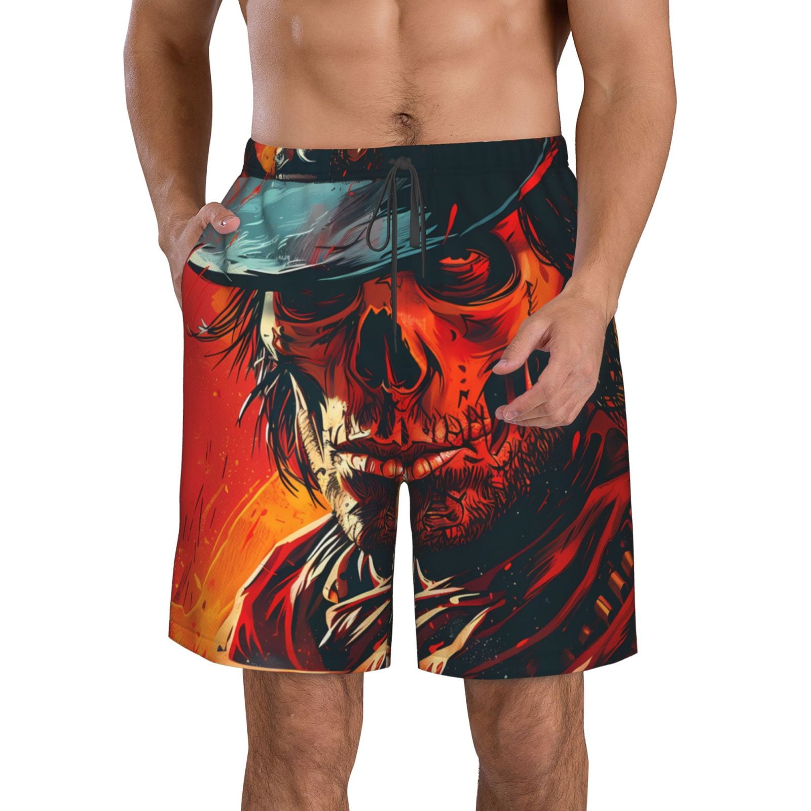Adobk 60s Western Skull Cowboy Print Men's Swim Trunks Hawaiian Bathing ...