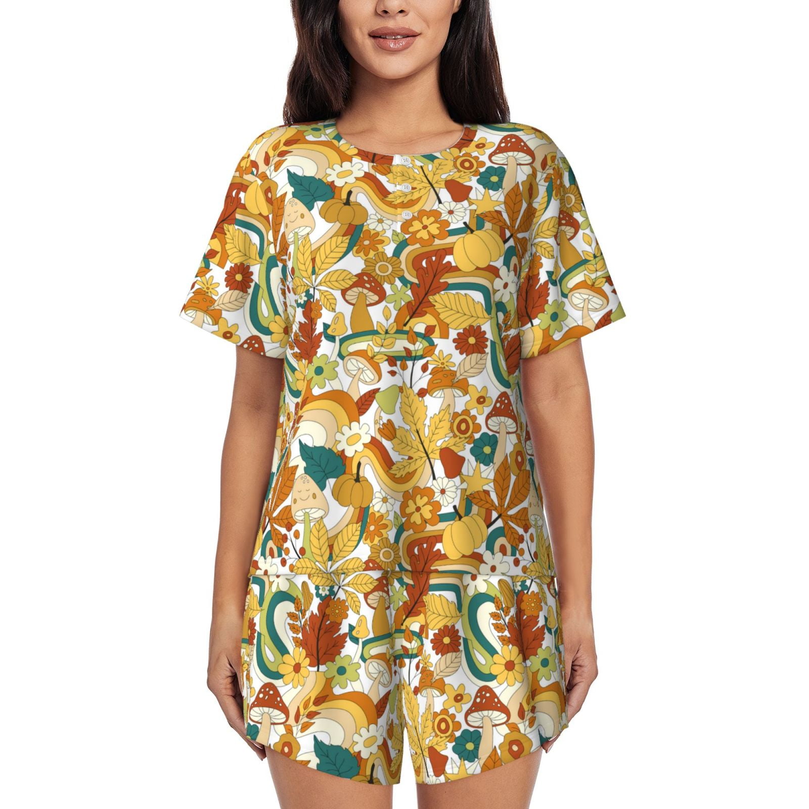 Adobk 70s Groovy Hippie Print Women Pajamas Sets for Short-Sleeved ...