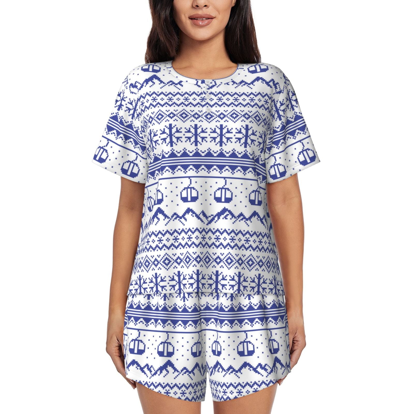 Adobk Abstract Gondola Snowflake Print Women Pajamas Sets for Short ...