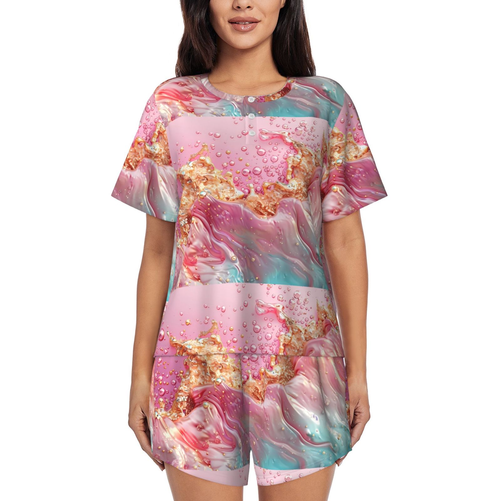 Adobk Abstract Pink Gold Splash Print Women Pajamas Sets for Short ...