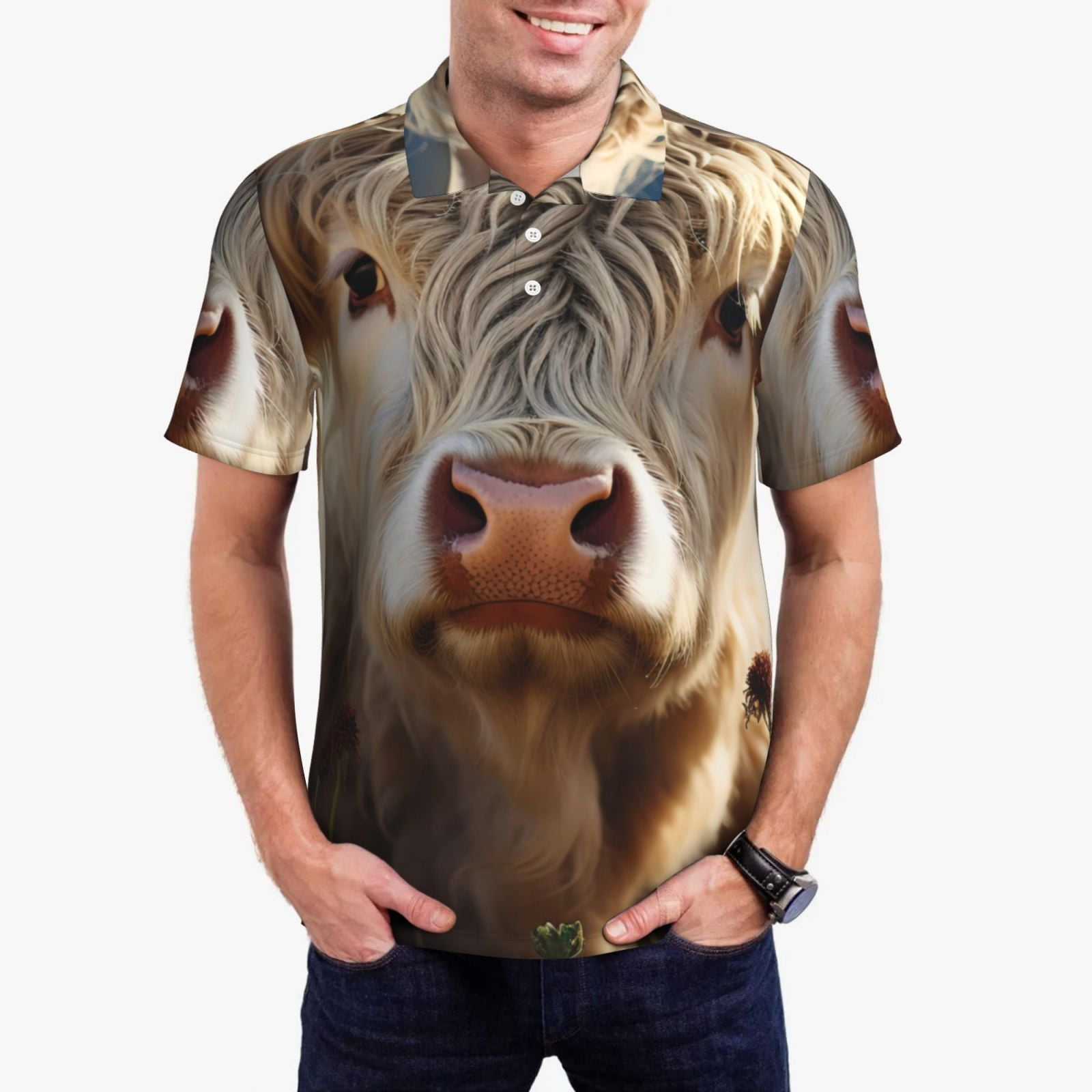 Adobk Adorable Flower Field Cow Print Men’s Classic Polo Shirt Short ...