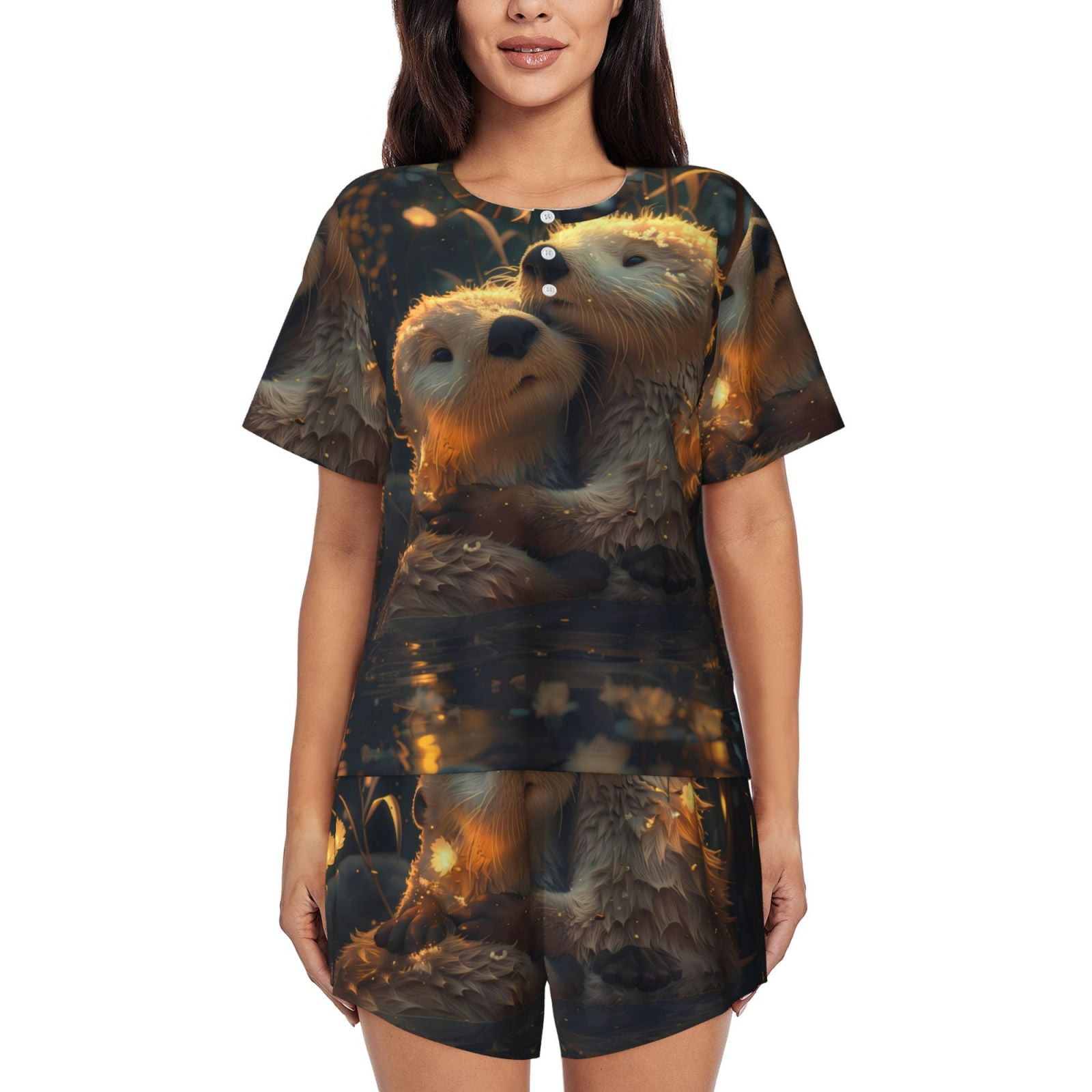 Adobk Adorable Otter Pair Hug Print Women Pajamas Sets for Short ...