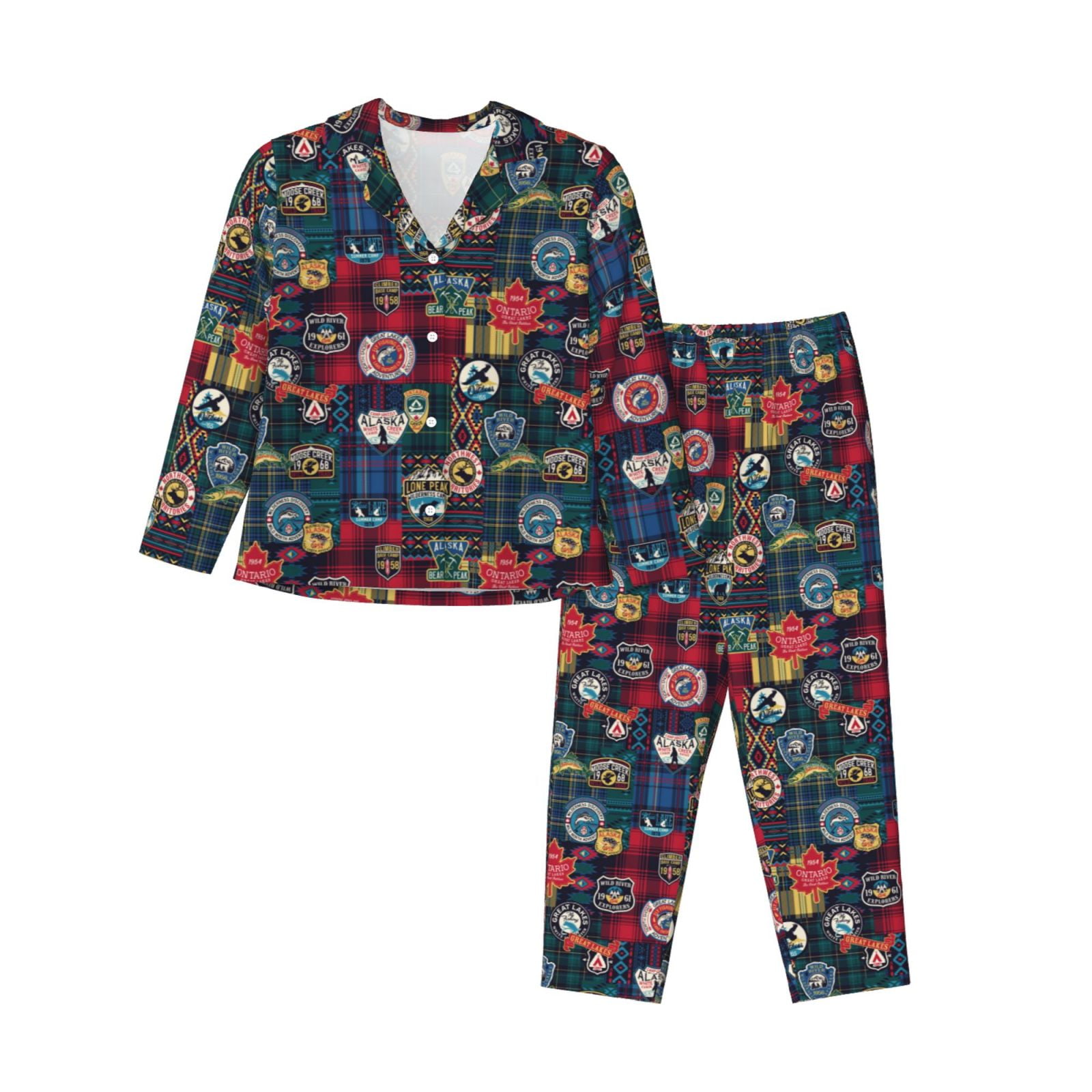 Adobk Adventure Camping Badge Print Pajamas Set Long Sleeve Sleepwear ...
