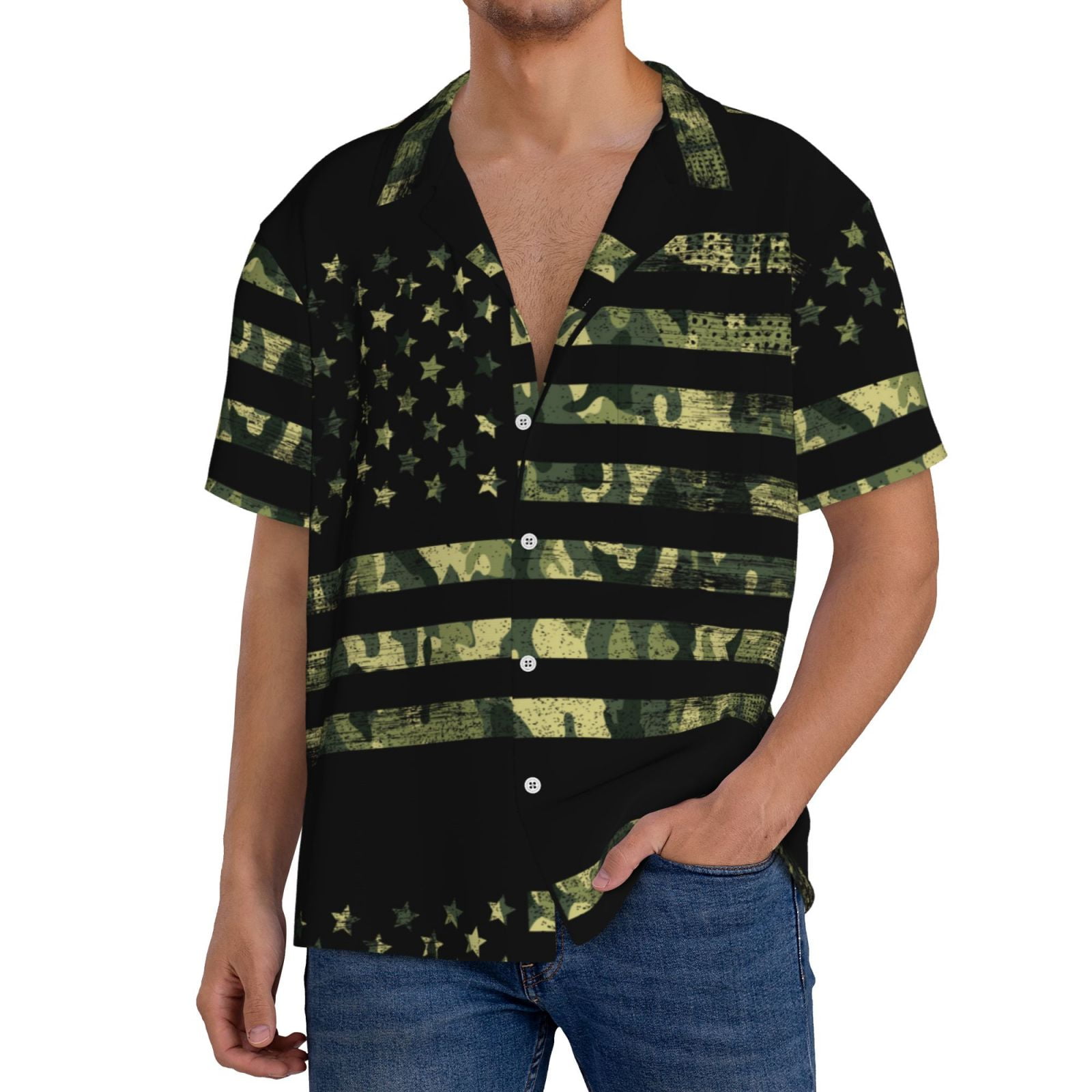 Adobk American Flag Camo Print Men's Casual Button Down Shirt Summer ...